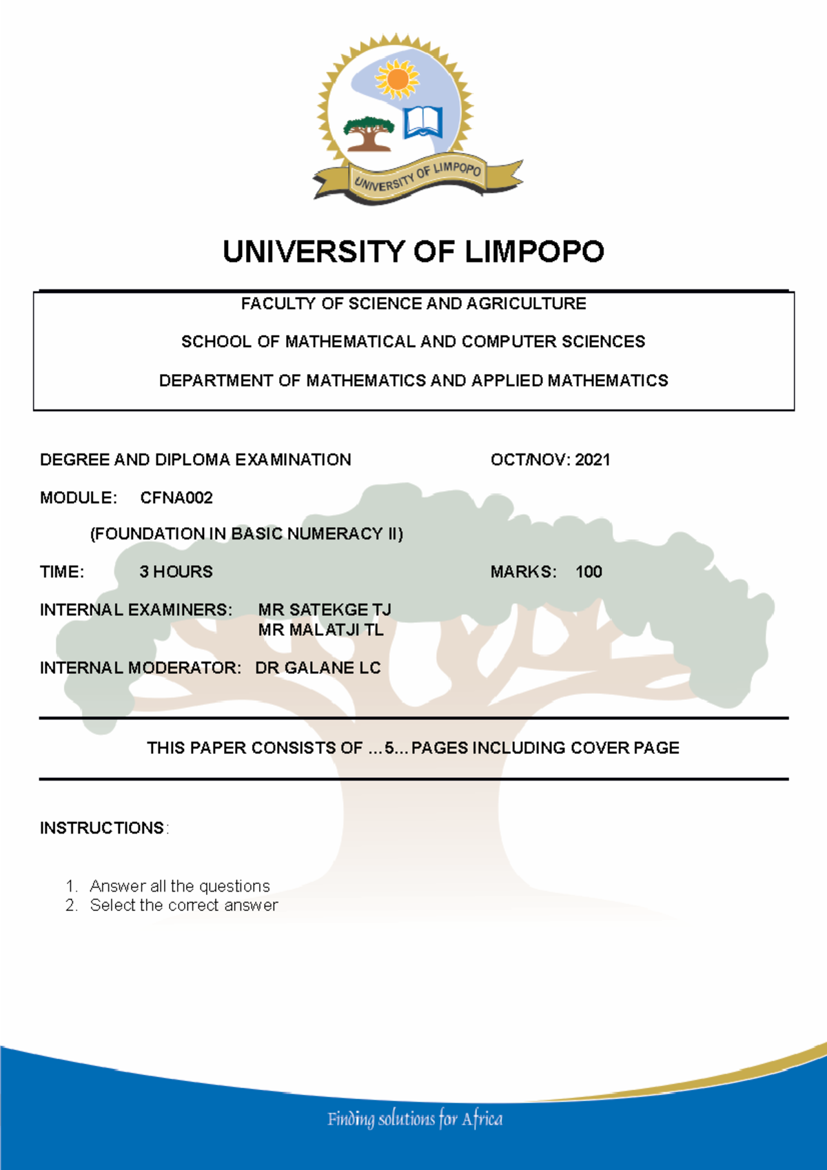 EXAM 2021 - basic numeracy exam papers - UNIVERSITY OF LIMPOPO FACULTY ...