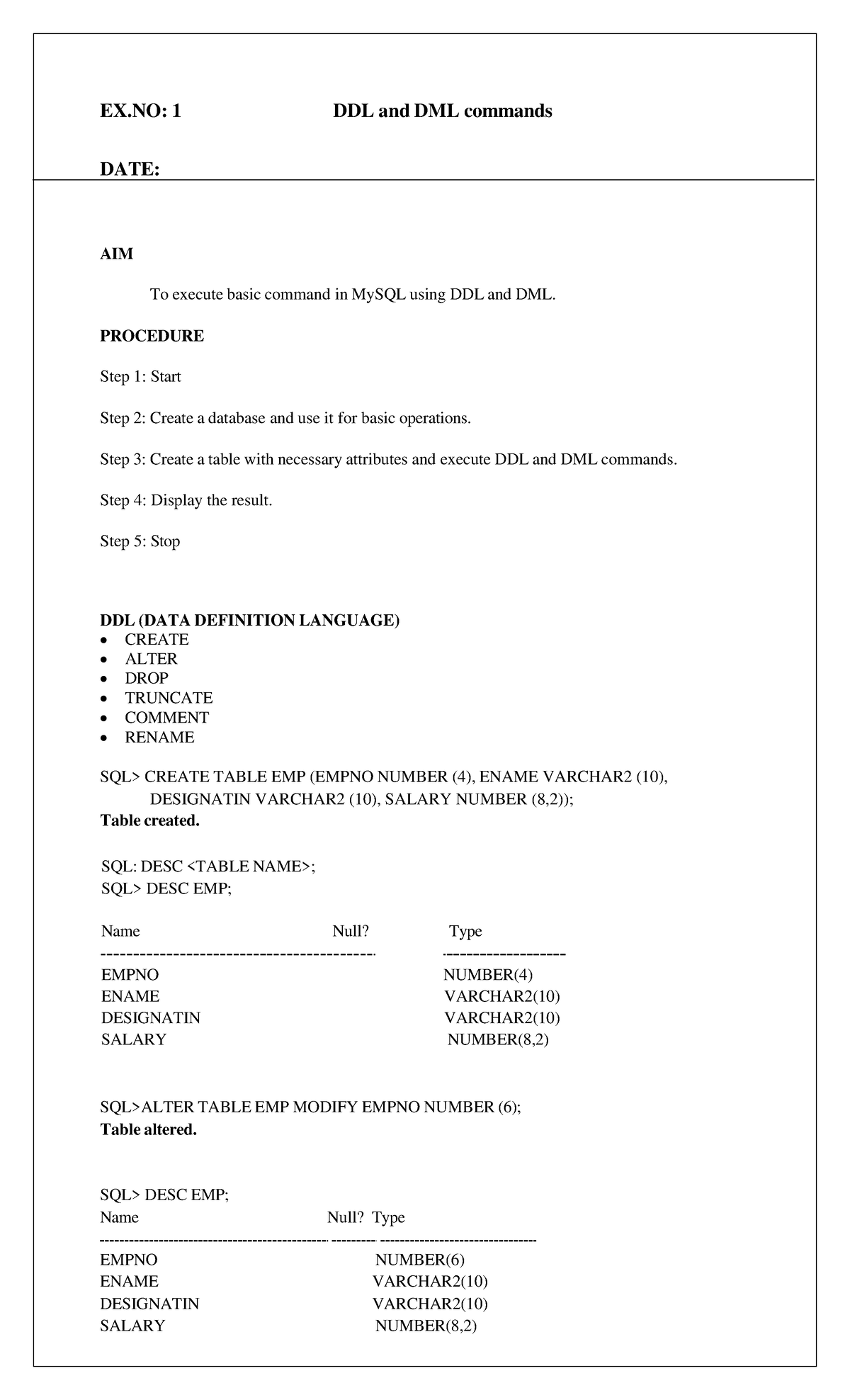 Dbms Manual Kings For Engineering Regulation 2021 Ex 1 Ddl And Dml Commands Date Aim To