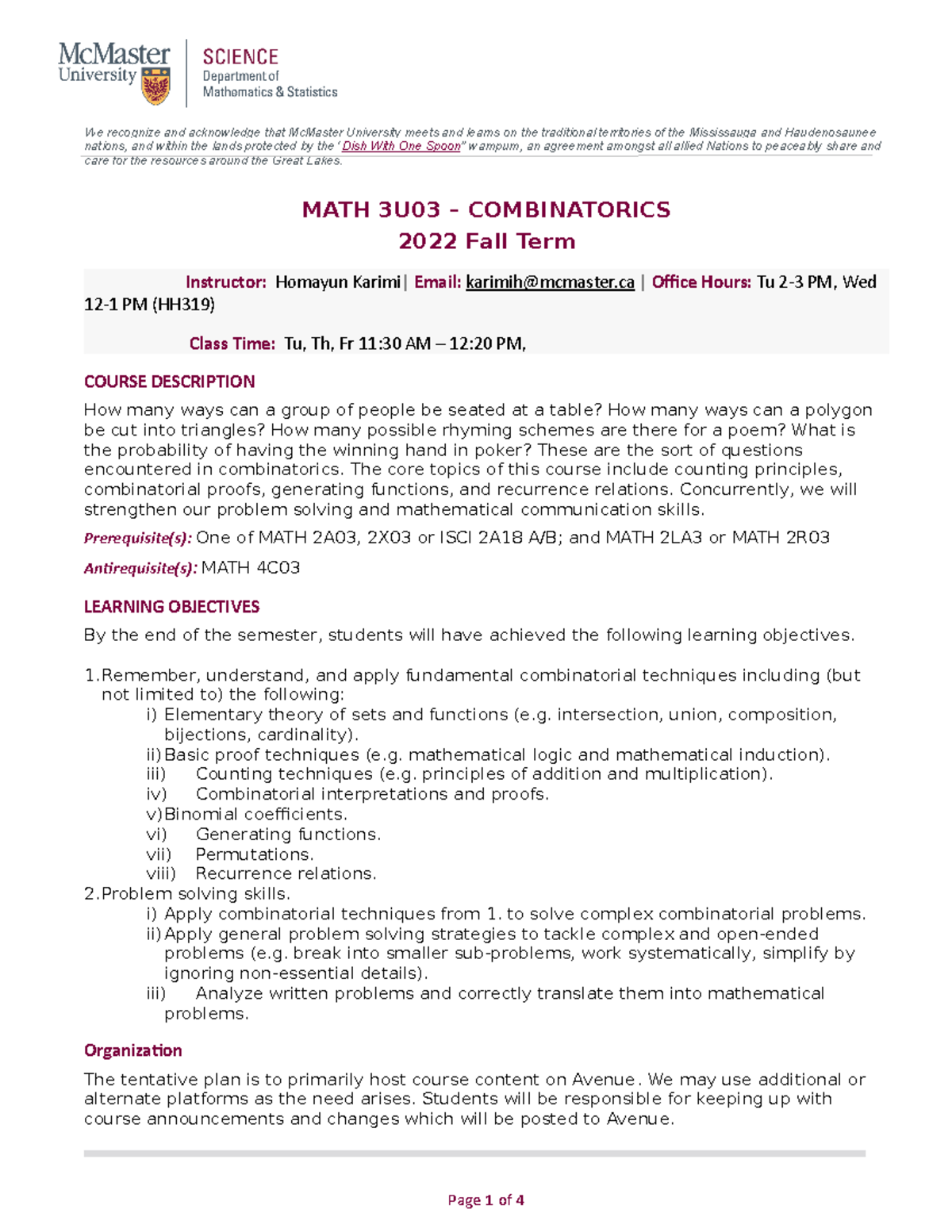 Math 3U03 - Combinatorics - F2022 - We recognize and acknowledge that ...