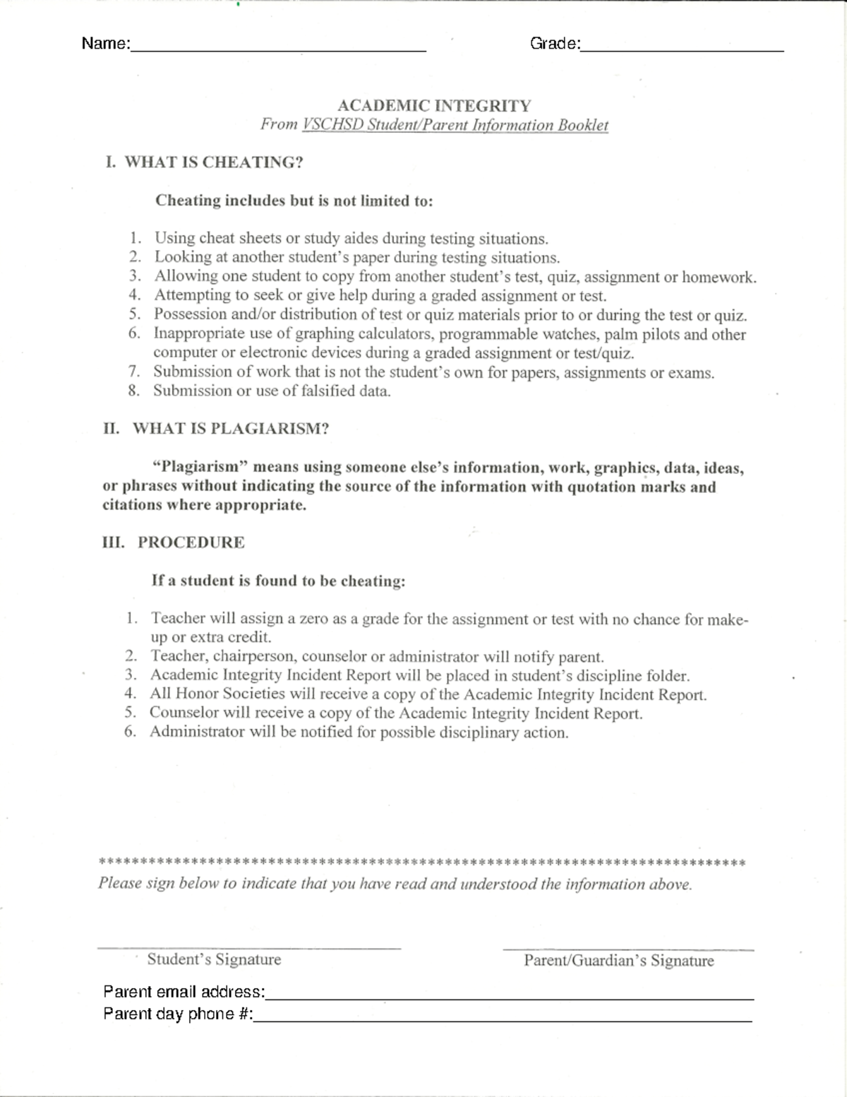 Academic Integrity Contract Revised For 11th Graders - Name: Grade ...