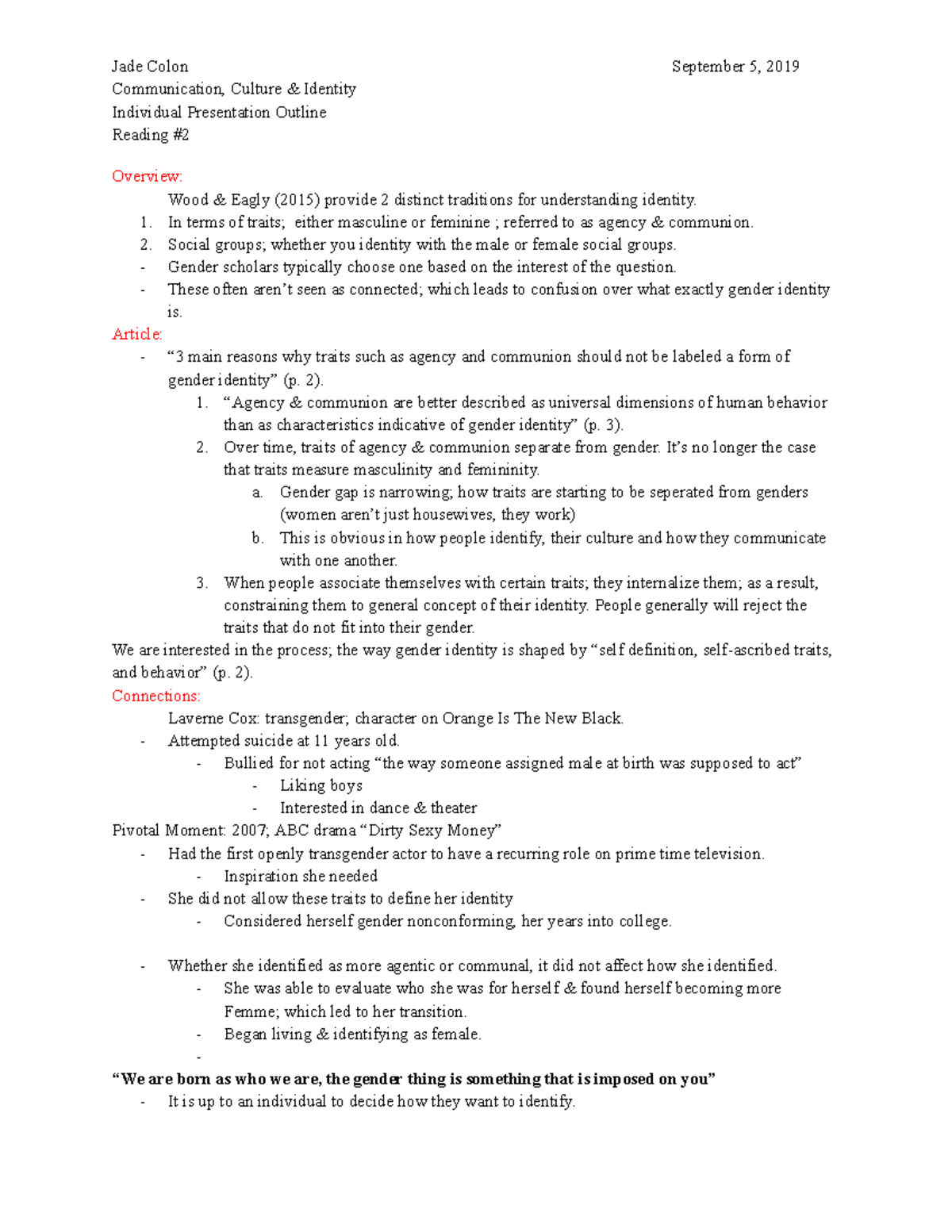 Identity Outline - Jade Colon September 5, 2019 Communication, Culture ...