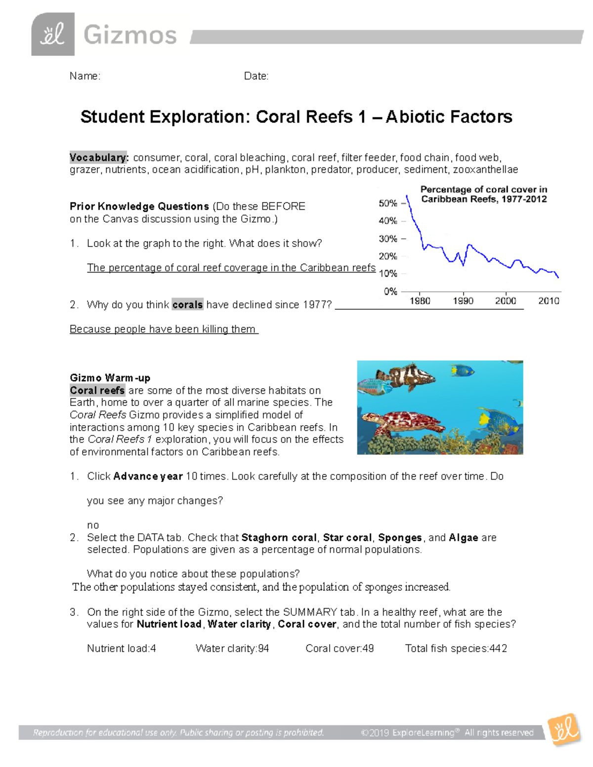 Gizmo - Abiotic Coral Reefs - Name: Date: Student Exploration: Coral ...