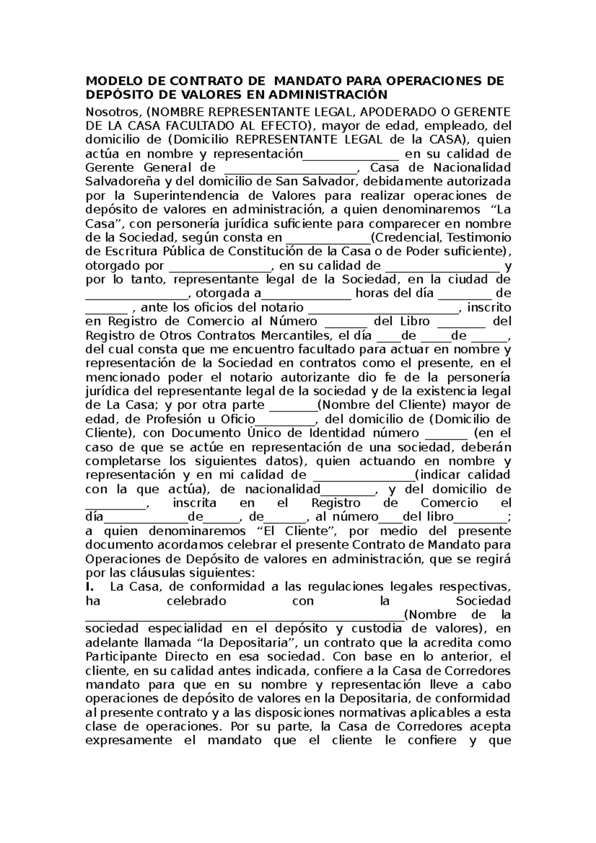 Contrato DE Mandato - MODELO DE CONTRATO DE MANDATO PARA OPERACIONES DE ...