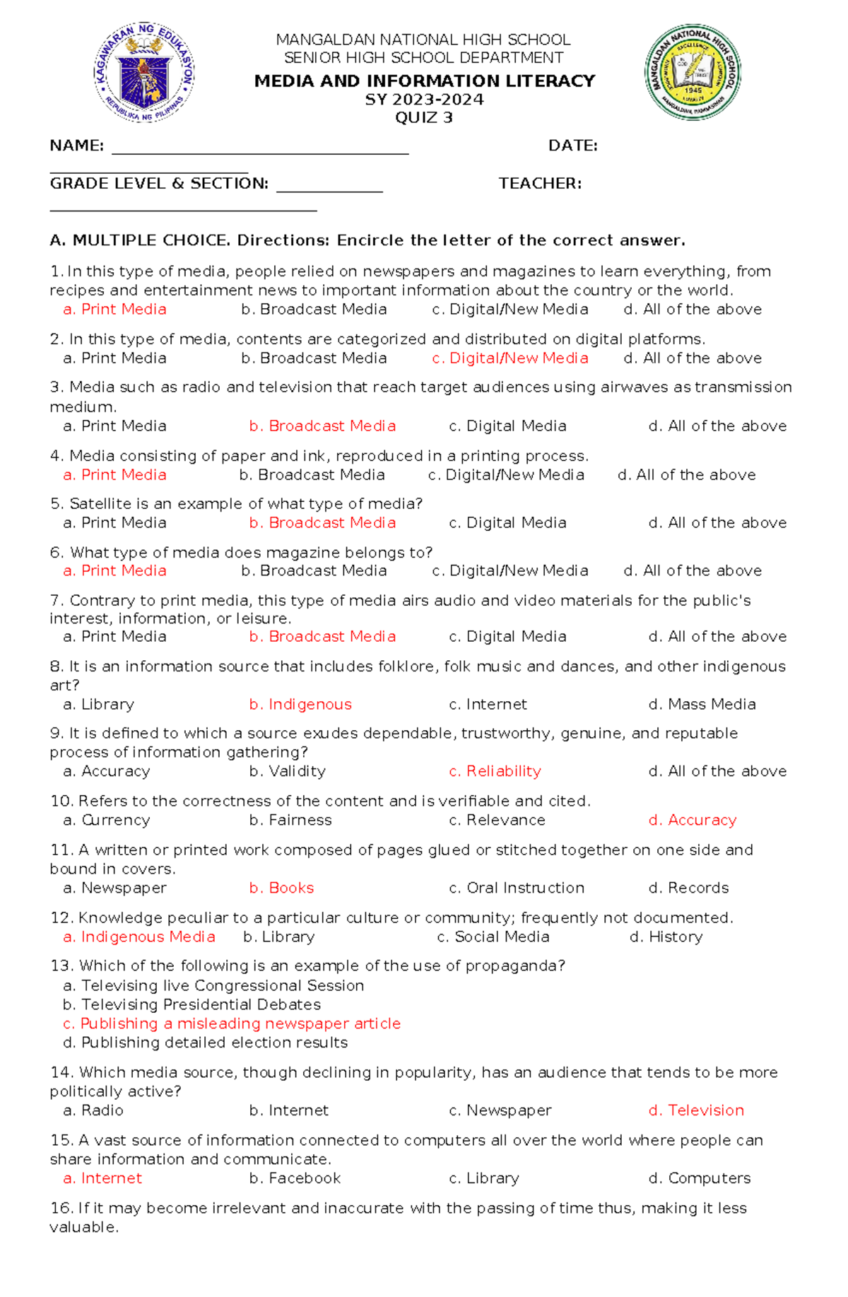 MIL QUIZ 3 LONG QUIZ - MEDIA AND INFORMATION LITERACY - MANGALDAN ...