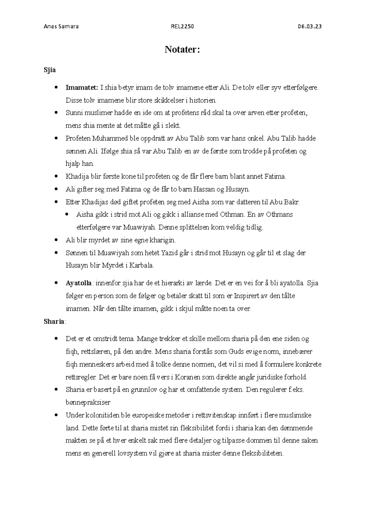 REL2250 notater - NOTES - Anas Samara REL2250 06. Notater: Sjia ...