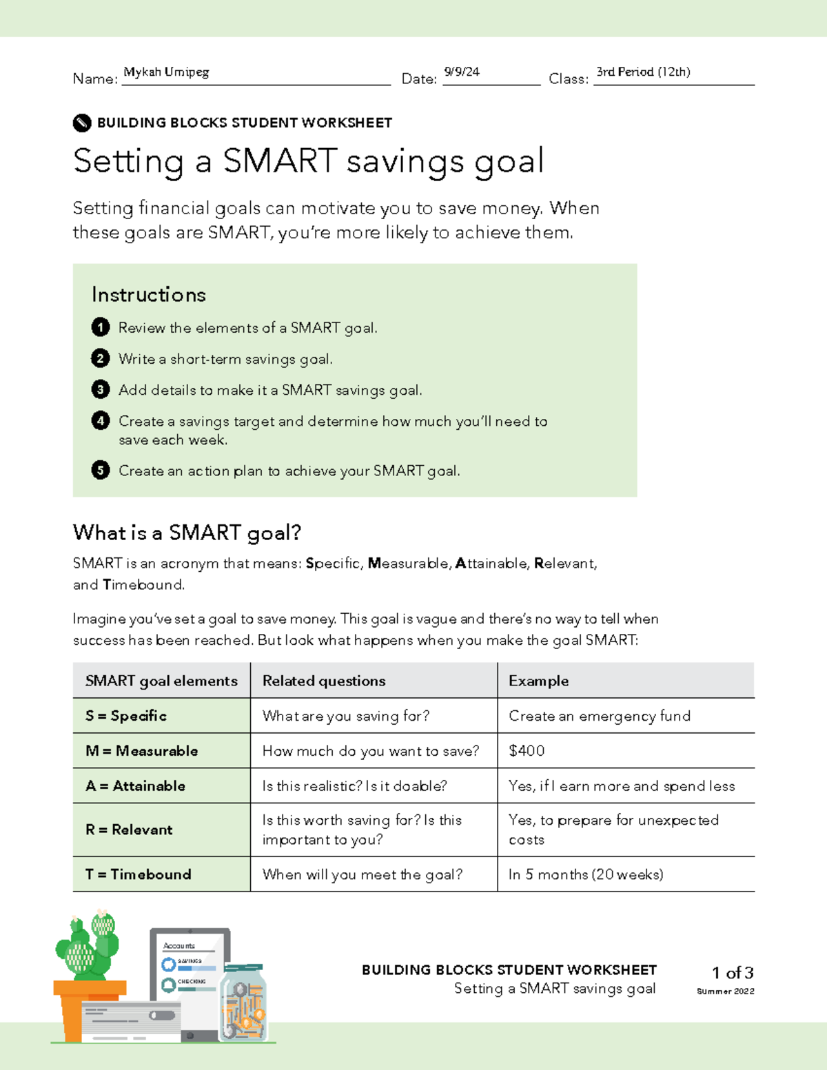 PD3 Smart Savings GOAL - sas - Summer 2022 BUILD ING B L O CKS STUD ENT ...