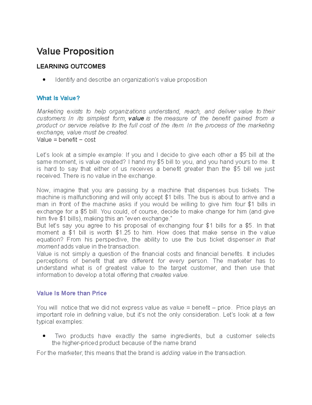 Value Proposition - Value Proposition LEARNING OUTCOMES Identify and ...