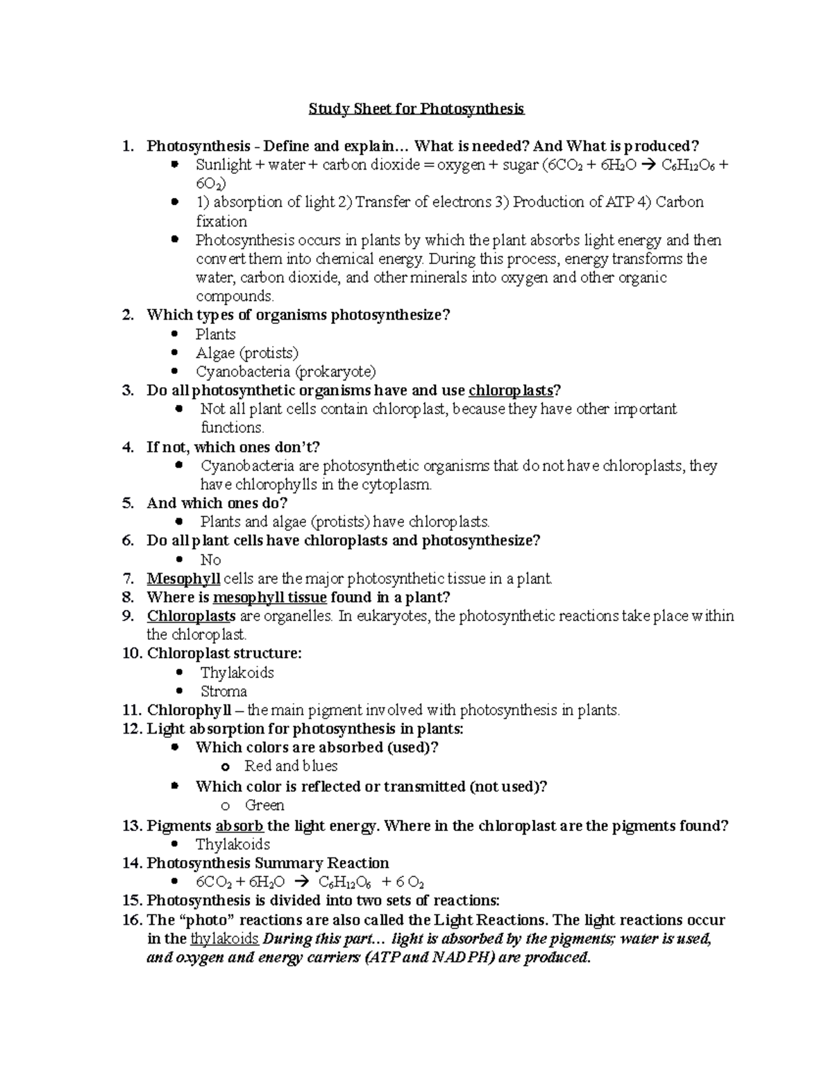 3 Study Sheet for Photosynthesis - Study Sheet for Photosynthesis ...