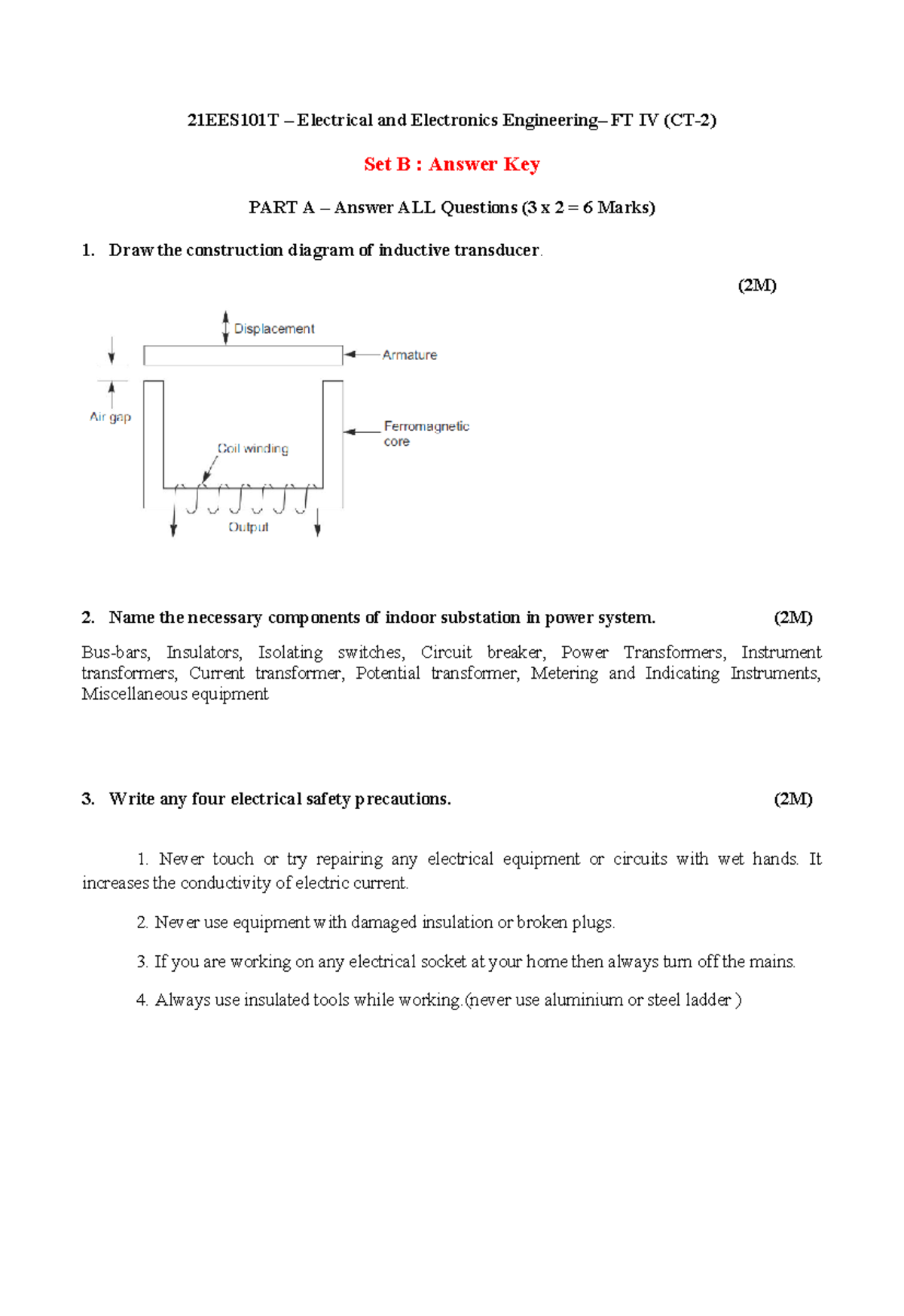 Set B 21EES101T answer key - 21EES101T – Electrical and Electronics Engineering– FT IV (CT-2 ...
