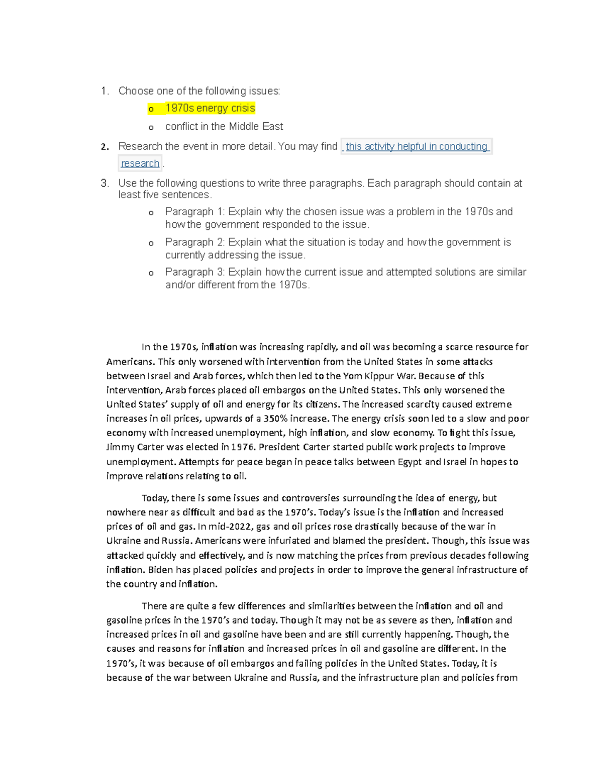 0801h - Choose either the 1970s energy crisis or conflict in the Middle ...