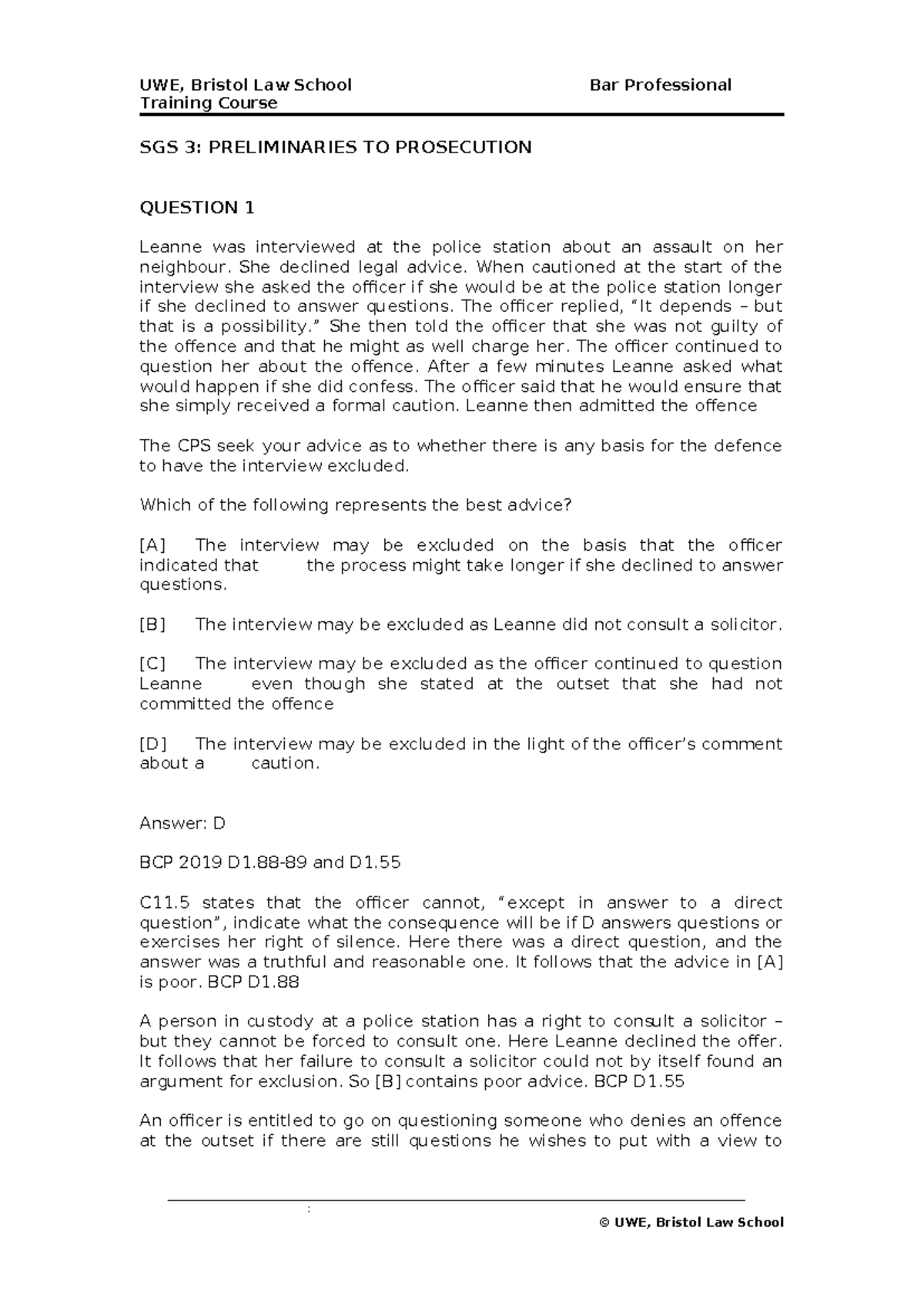 CLS 3 MCQ&A 1920 Complete - Training Course SGS 3: PRELIMINARIES TO PROSECUTION QUESTION 1 ...
