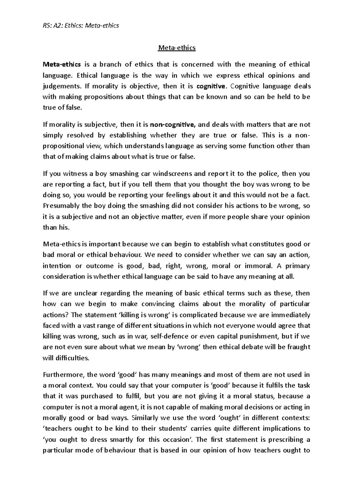 Ln1-Meta-Ethics Introductory Notes - RS: A2: Ethics: Meta-ethics Meta ...
