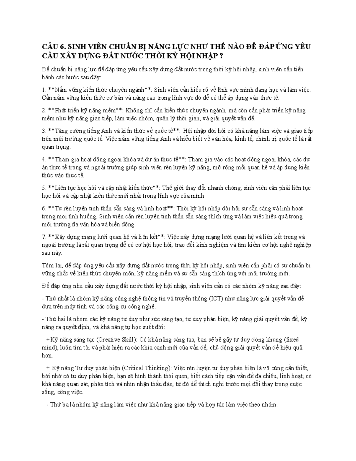 Lsdcs CÂU4 - CÂU 6. SINH VIÊN CHUẨN BỊ NĂNG LỰC NHƯ THẾ NÀO ĐỂ ĐÁP ỨNG YÊU CẦU XÂY DỰNG ĐẤT NƯỚC ...