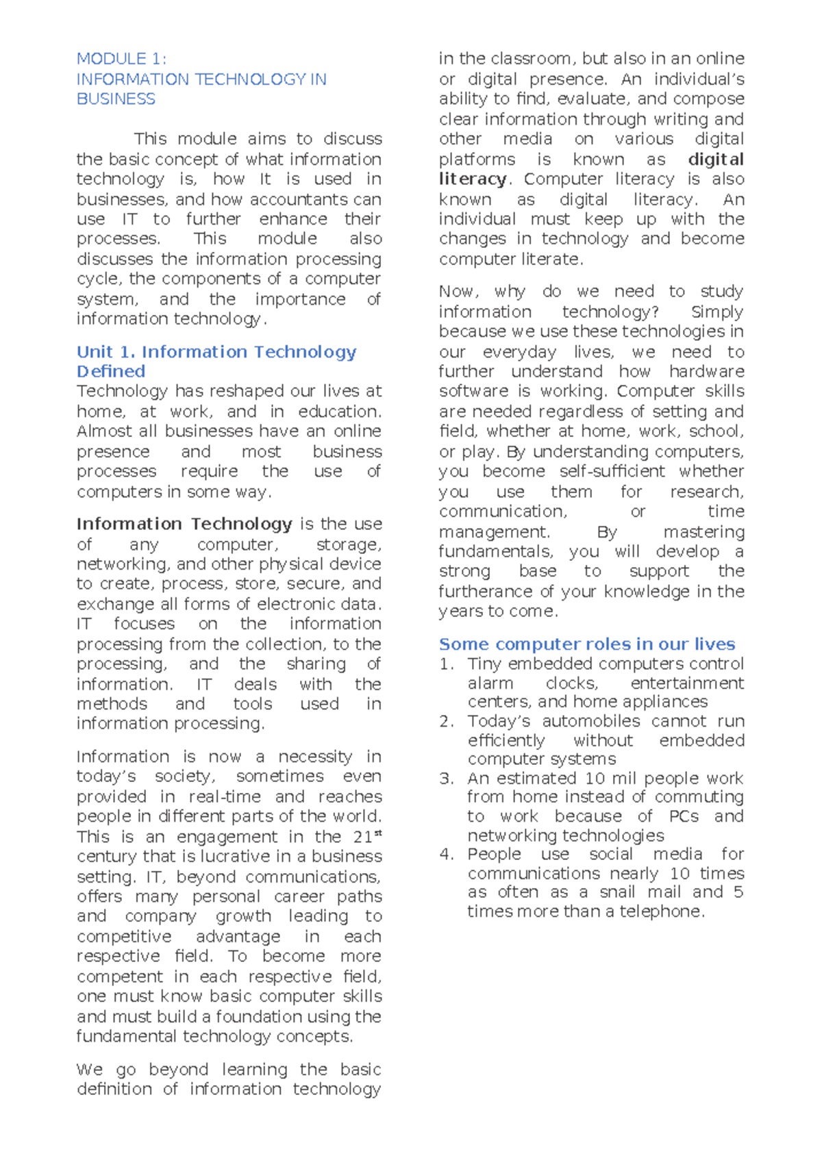 AE314 Notes - MODULE 1: INFORMATION TECHNOLOGY IN BUSINESS This module ...