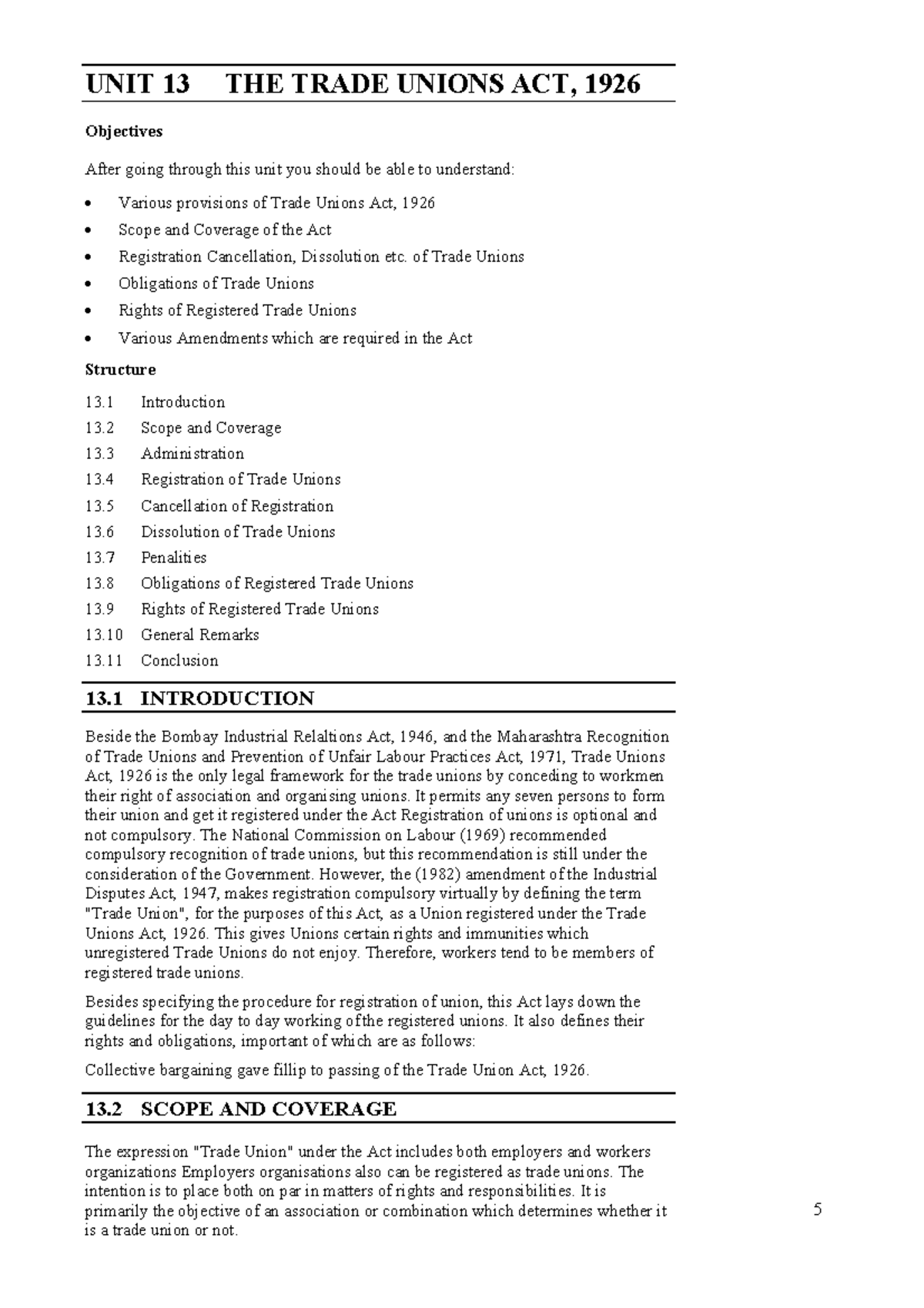 Trade unions act - The Trade Unions Act, 1926 UNIT 13 THE TRADE UNIONS ...