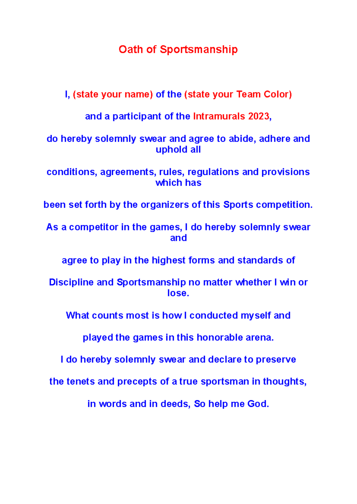 Oath-of-Sportsmanship - Oath of Sportsmanship I, (state your name) of ...