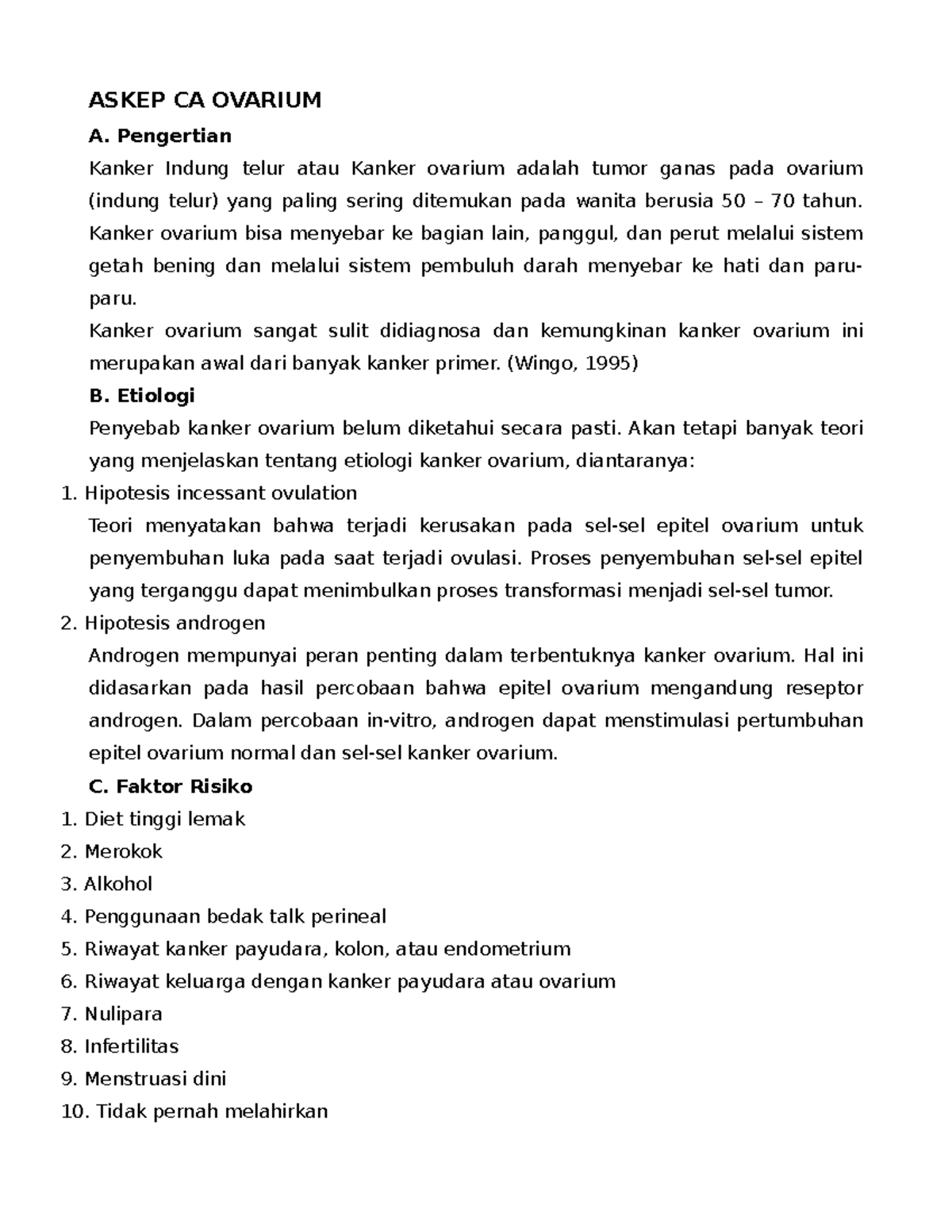 Askep CA Ovarium-54131535 - ASKEP CA OVARIUM A. Pengertian Kanker ...