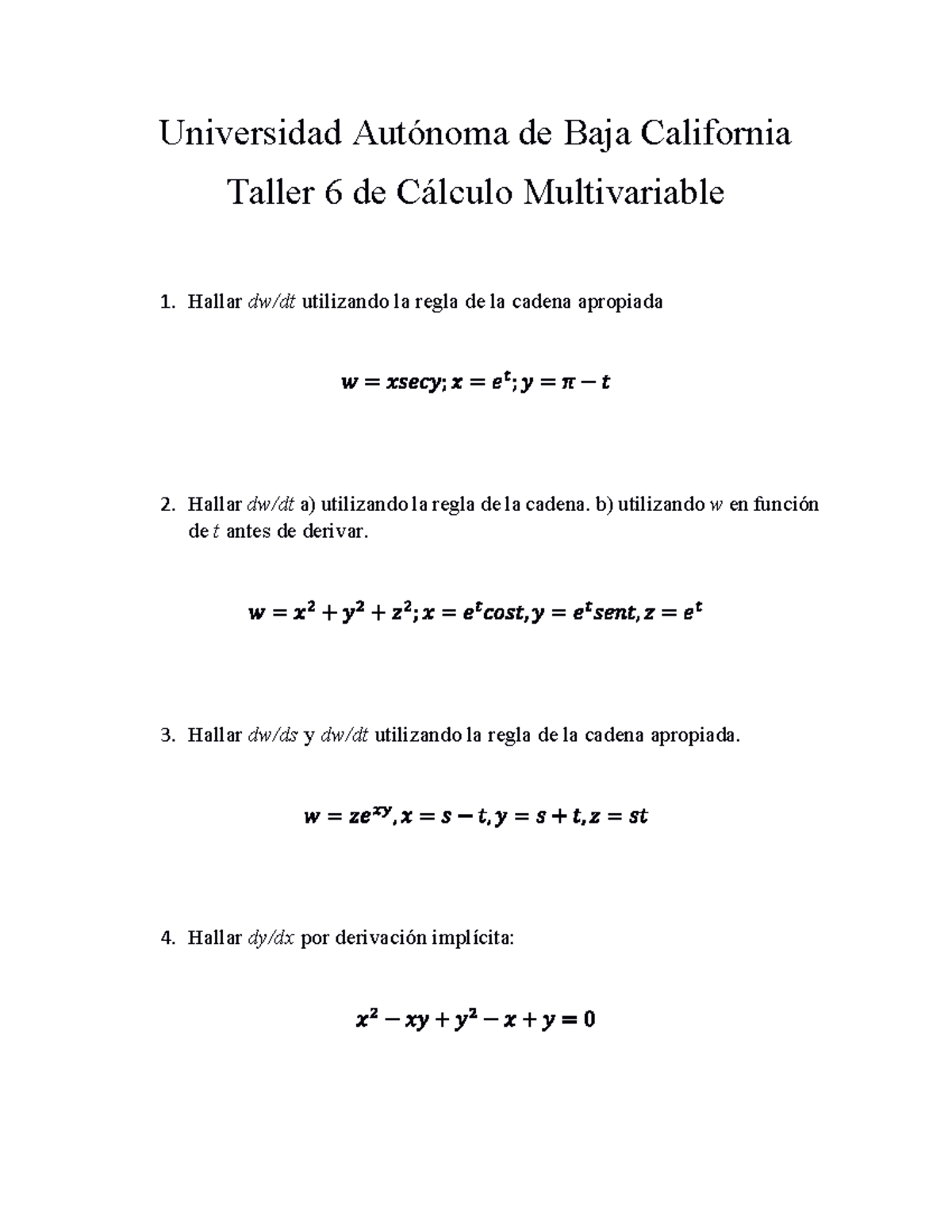 Taller 6 de Cálculo Multivariable - Universidad Autónoma de Baja ...