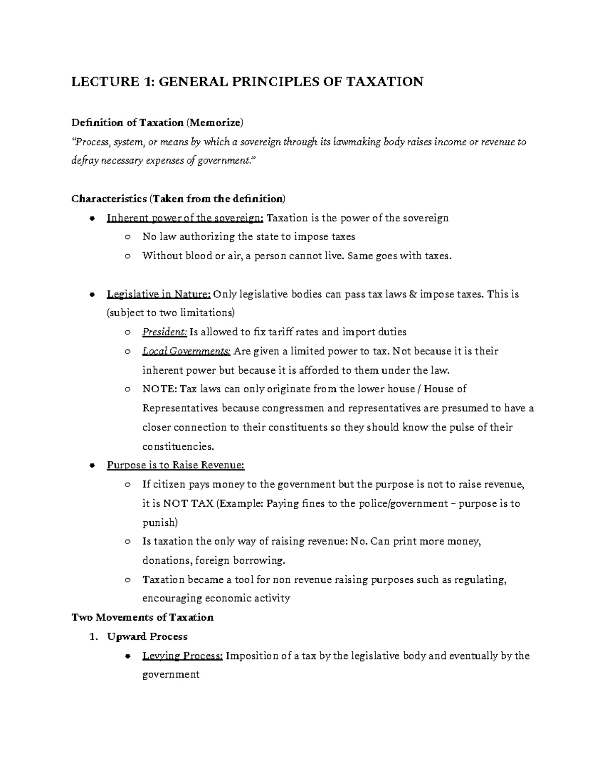 Clwtaxn Q1 Notes - LECTURE 1: GENERAL PRINCIPLES OF TAXATION Definition ...
