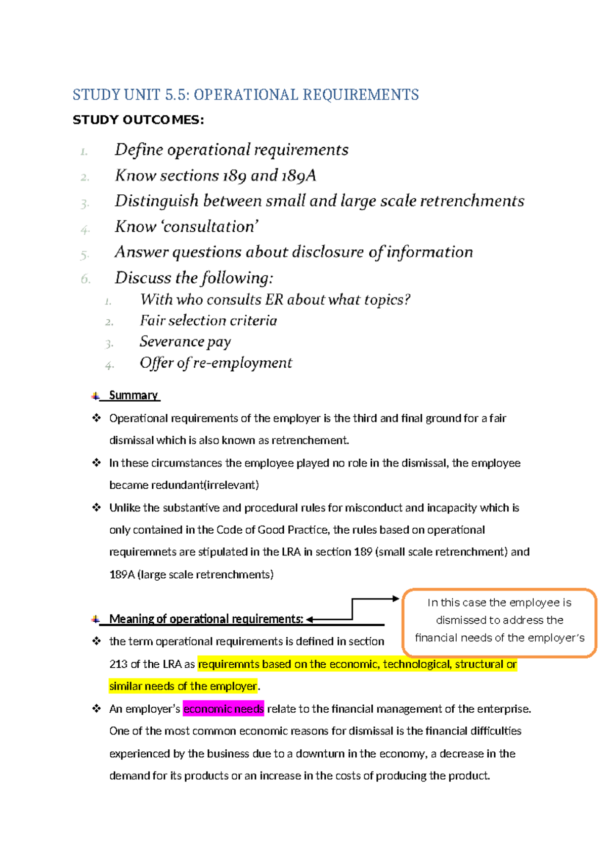 Labour law SU5 - summaries - STUDY UNIT 5: OPERATIONAL REQUIREMENTS ...