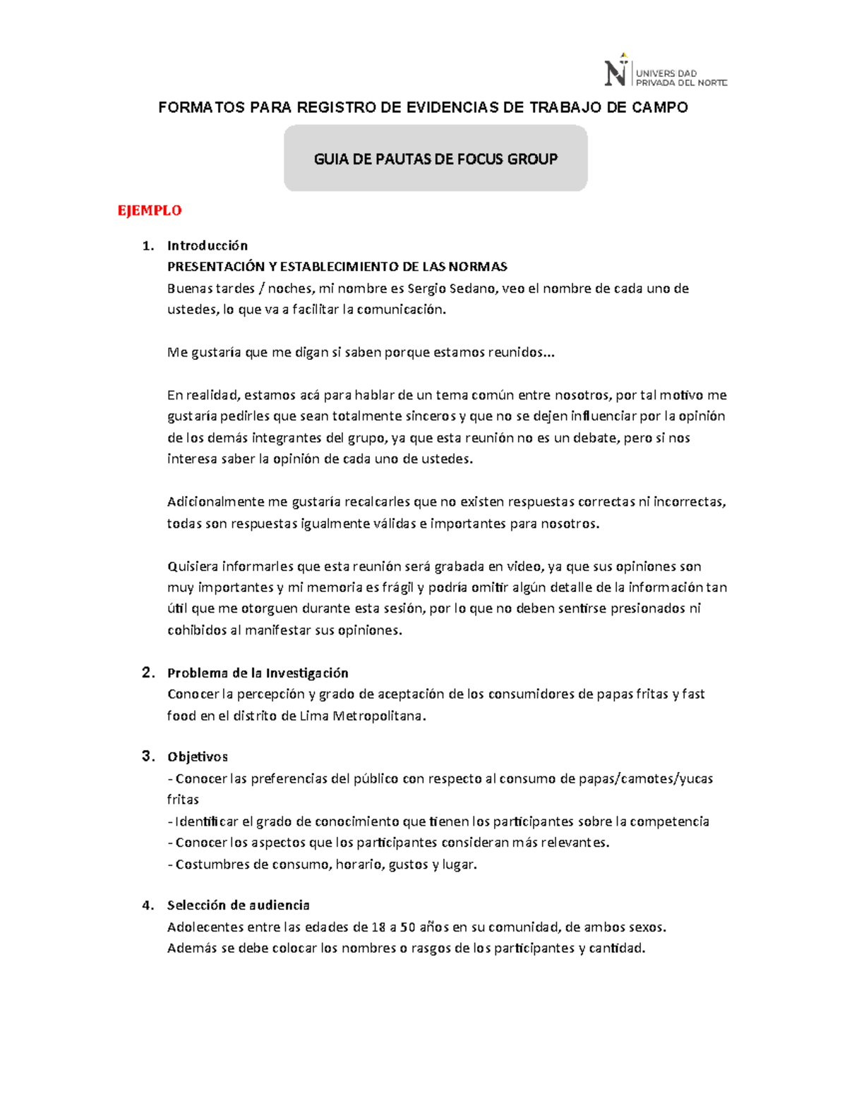 Guia de pautas Focus Group - FORMATOS PARA REGISTRO DE EVIDENCIAS DE ...