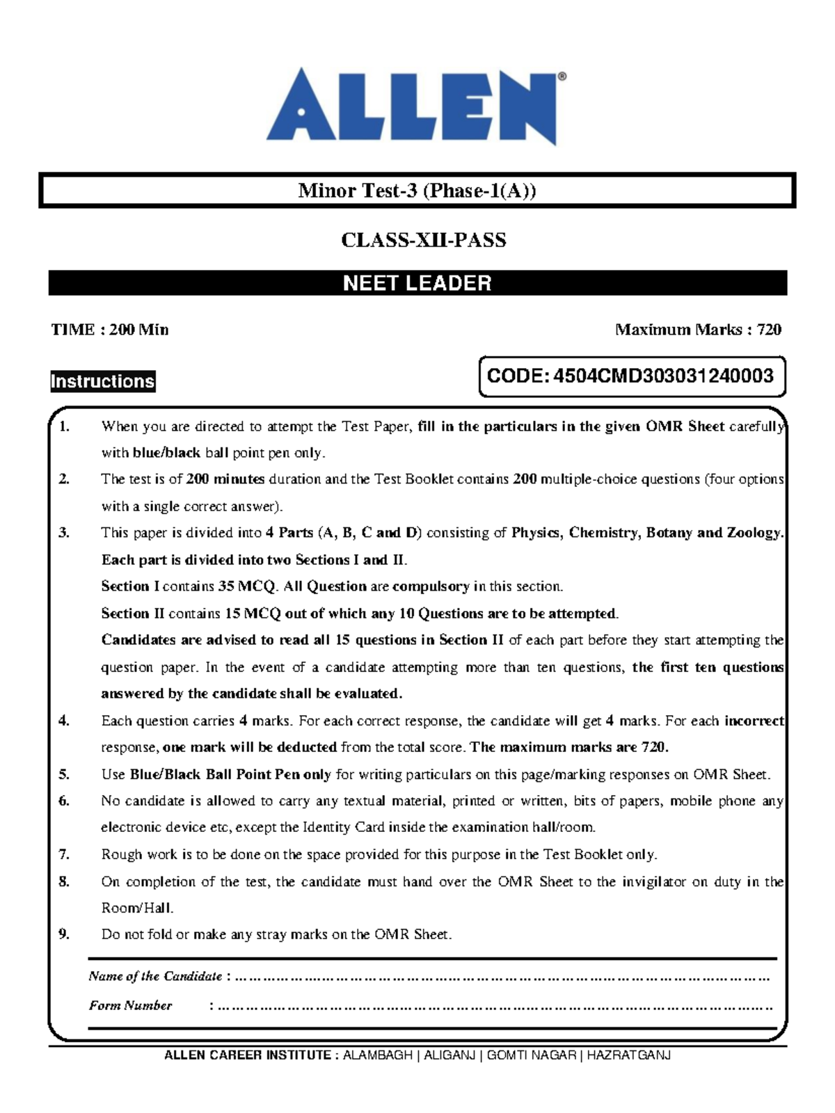 NEET-Leader Phase 1(A) Minor Test - 3 26.06.2024 Q.P (F) - ALLEN CAREER ...