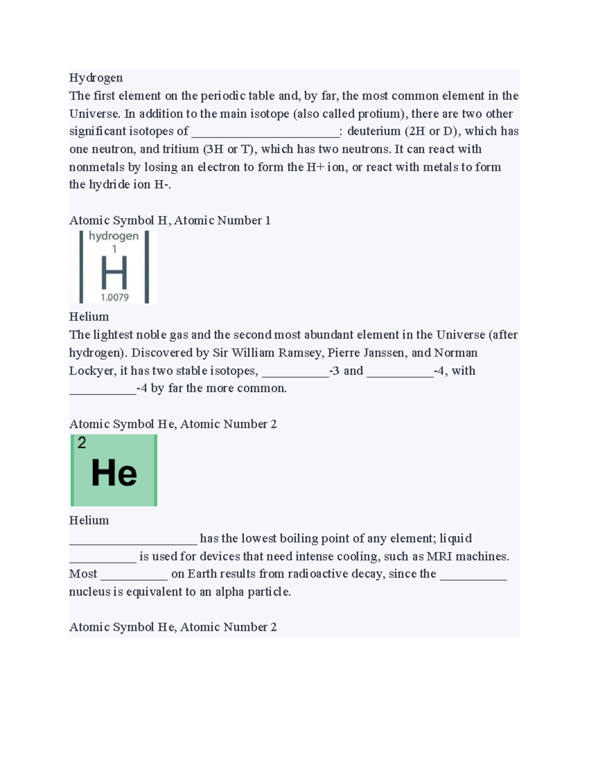 Chemistry 1 - practice materials - Hydrogen The first element on the ...