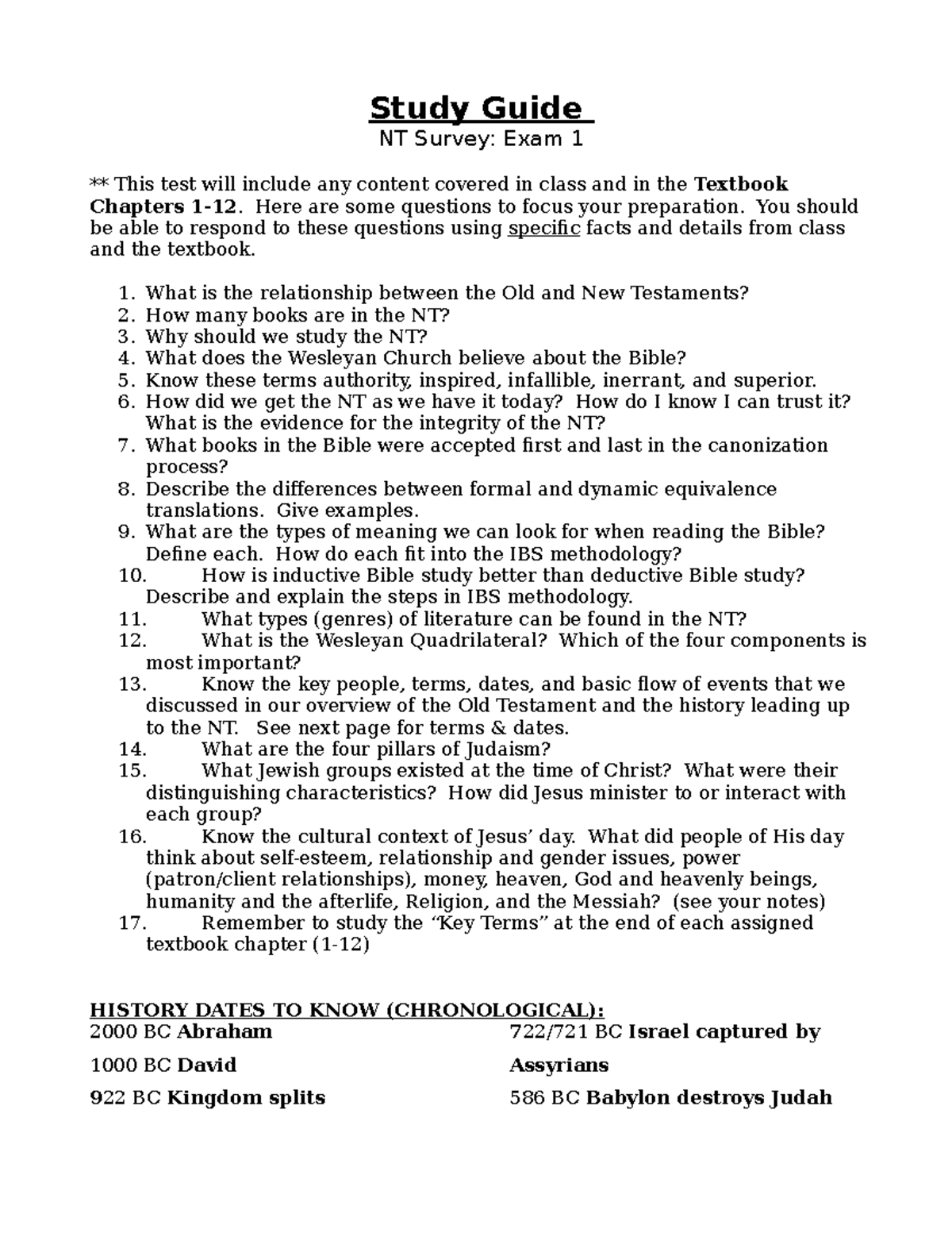 Exam #1 Study Guide - Study Guide NT Survey: Exam 1 ** This test will ...