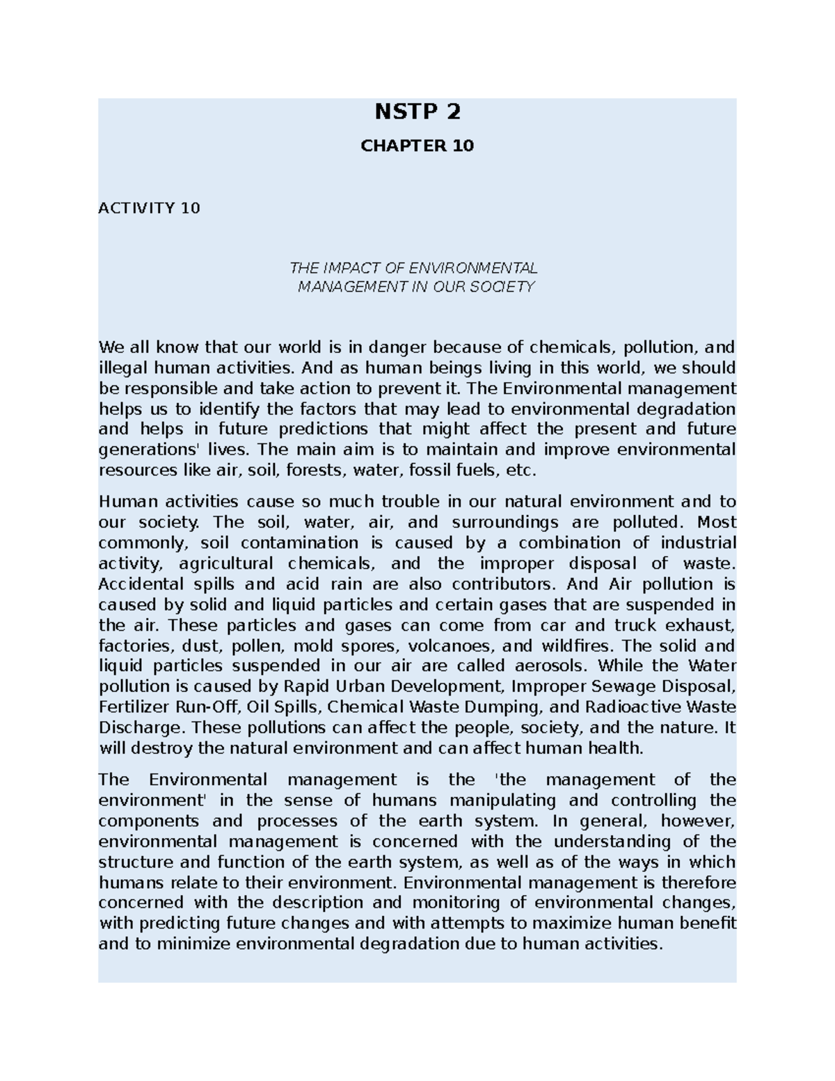 NSTP-2 ACT 10 - CHAPTER 10 - NSTP 2 CHAPTER 10 ACTIVITY 10 THE IMPACT ...
