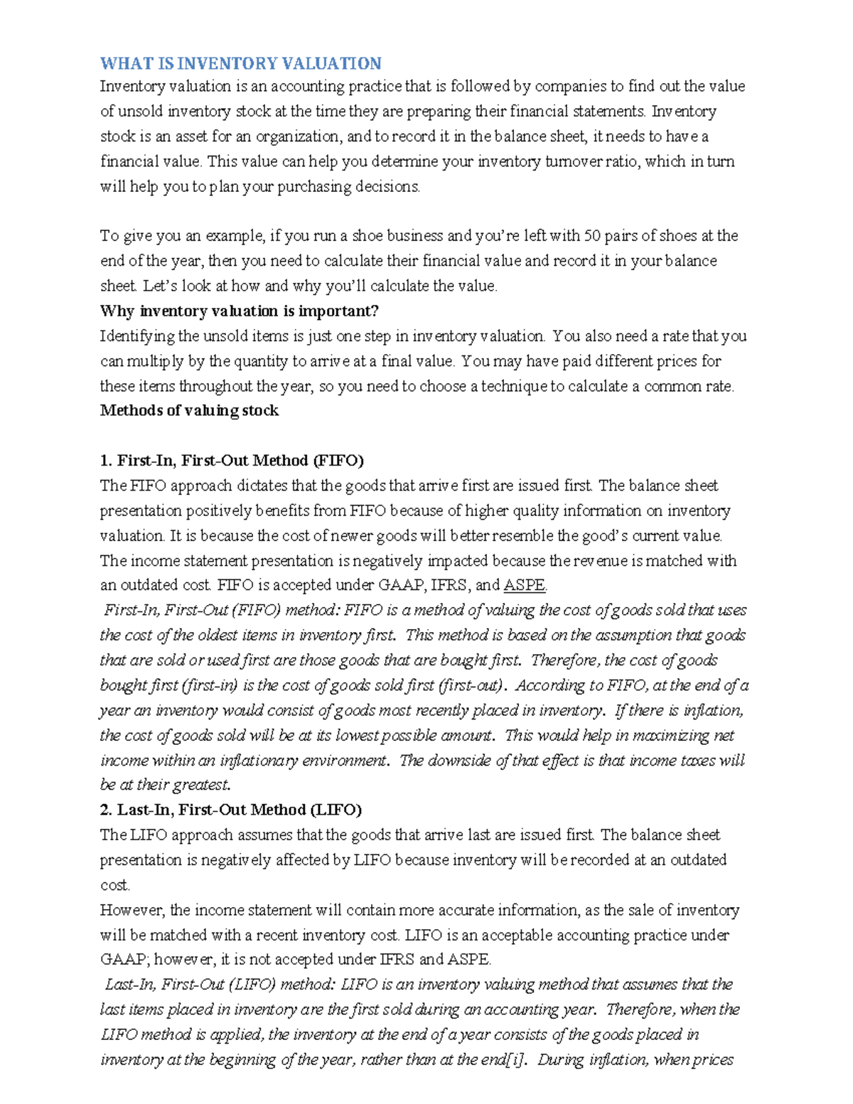 Valuing stock - handout - WHAT IS INVENTORY VALUATION Inventory ...