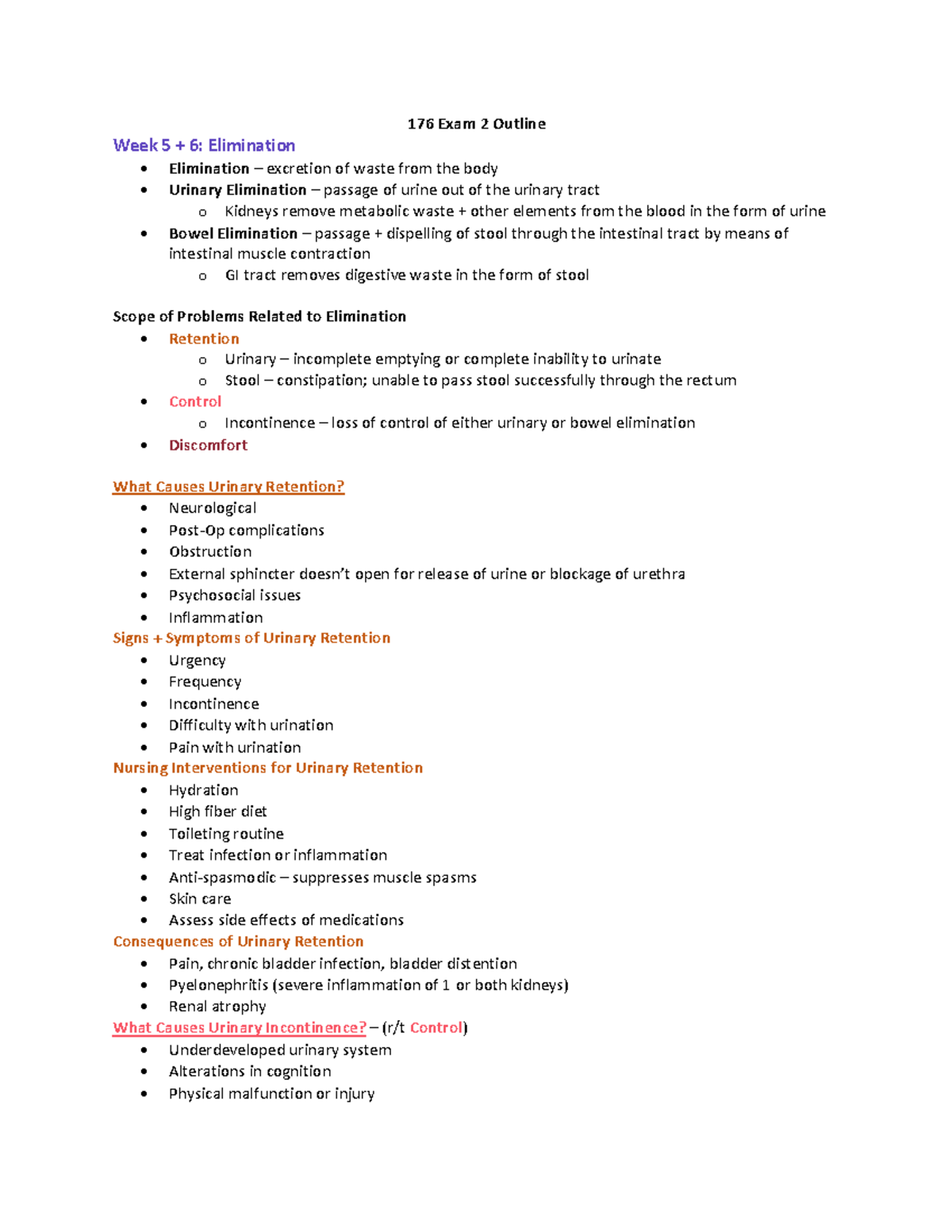 176 Exam 2 Outline - 176 Exam 2 Outline Week 5 + 6: Elimination ...