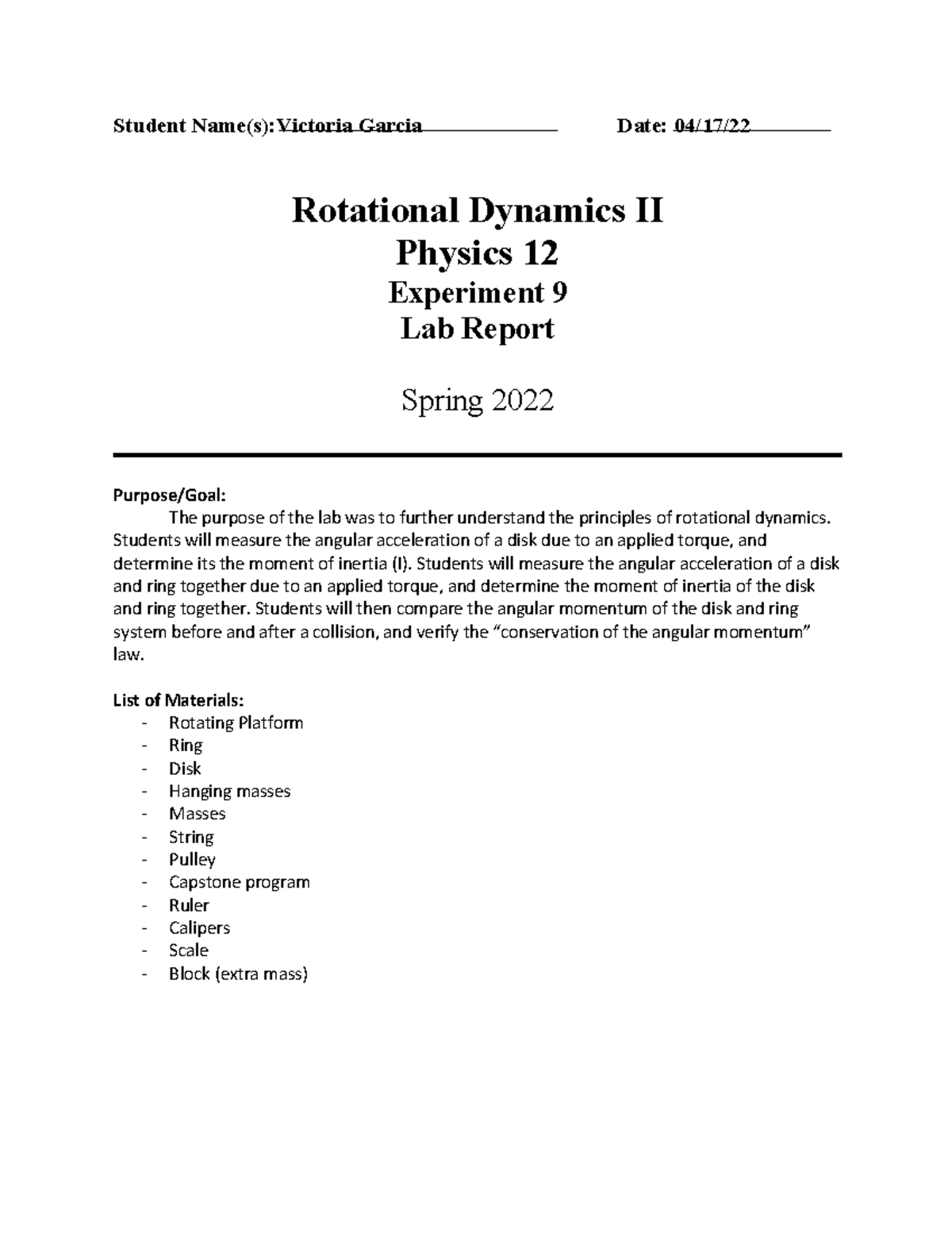 Introduction to Physics Lab - PHY012- Experiment 9: Rotational Dynamics ...