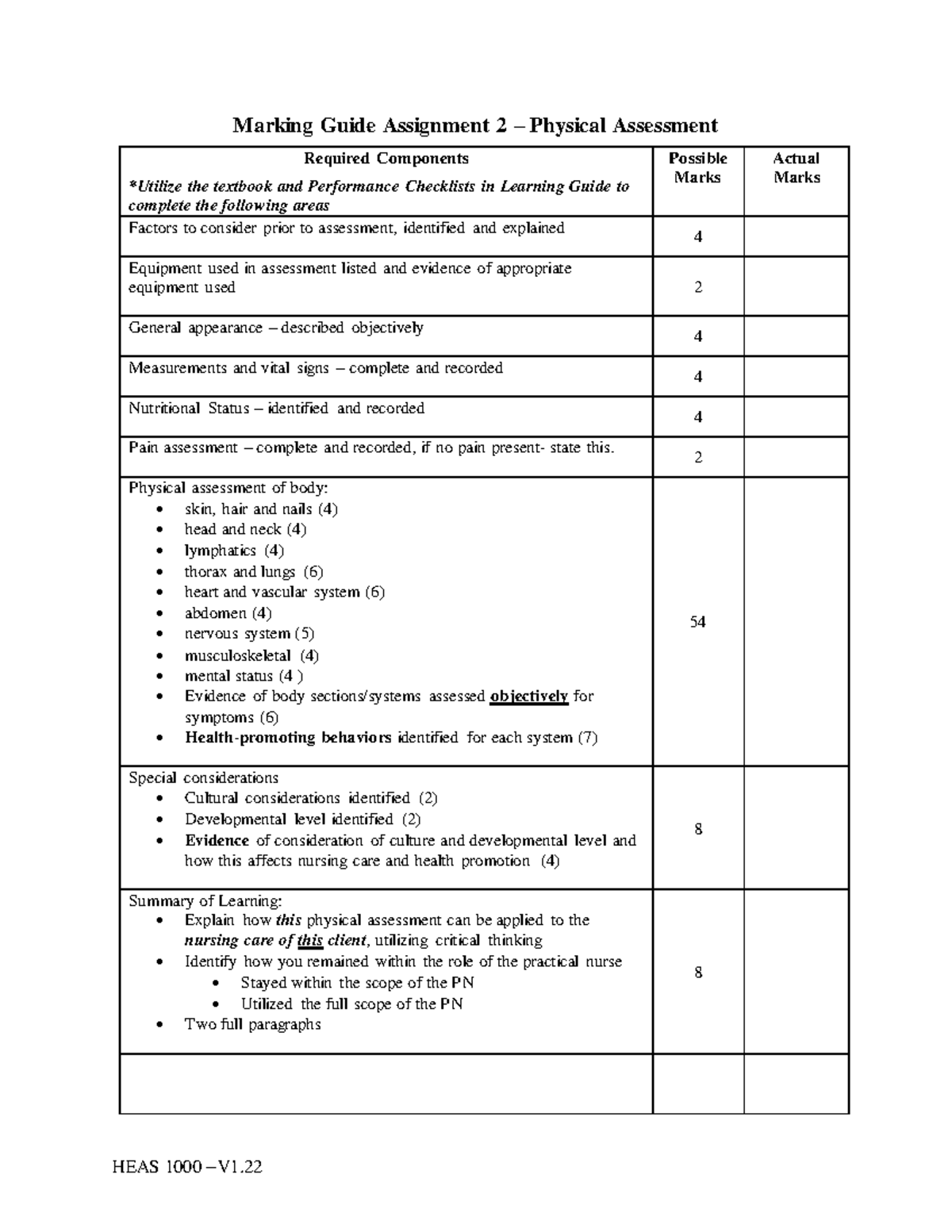 HEAS 1000 Assignment 2 Marking Guide V1.22 (2) - HEAS 1000 – V1 ...