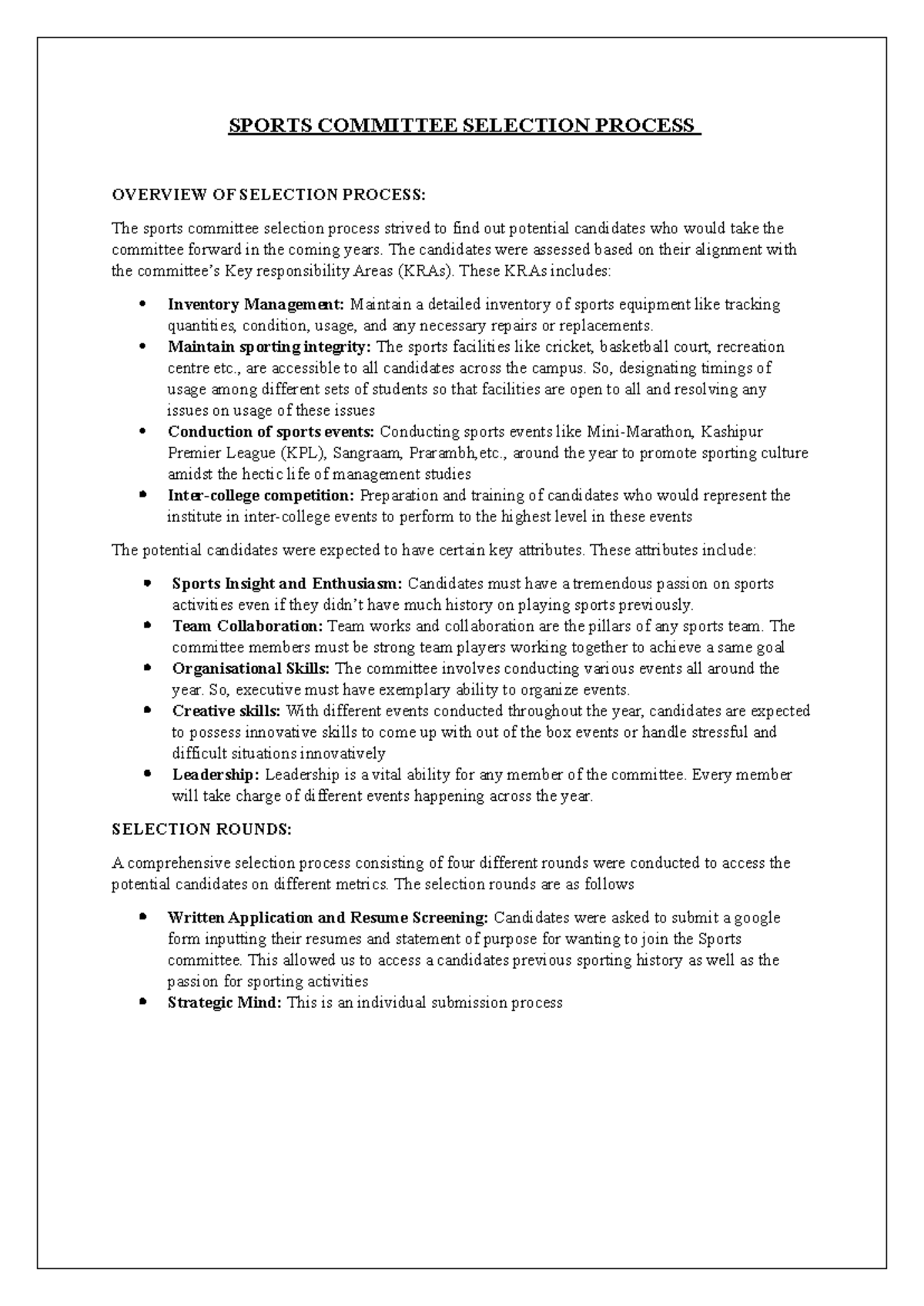 Sports Committee Selection Process - SPORTS COMMITTEE SELECTION PROCESS ...