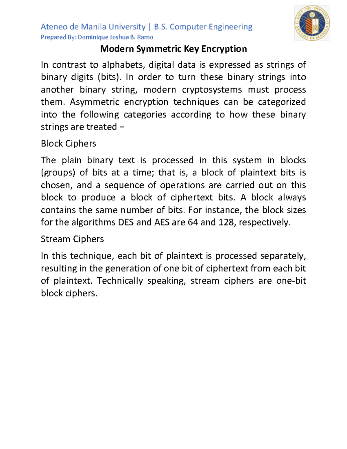 Study Guide - Modern Symmetric Key Encryption - Prepared By: Dominique Joshua B. Ramo Modern ...