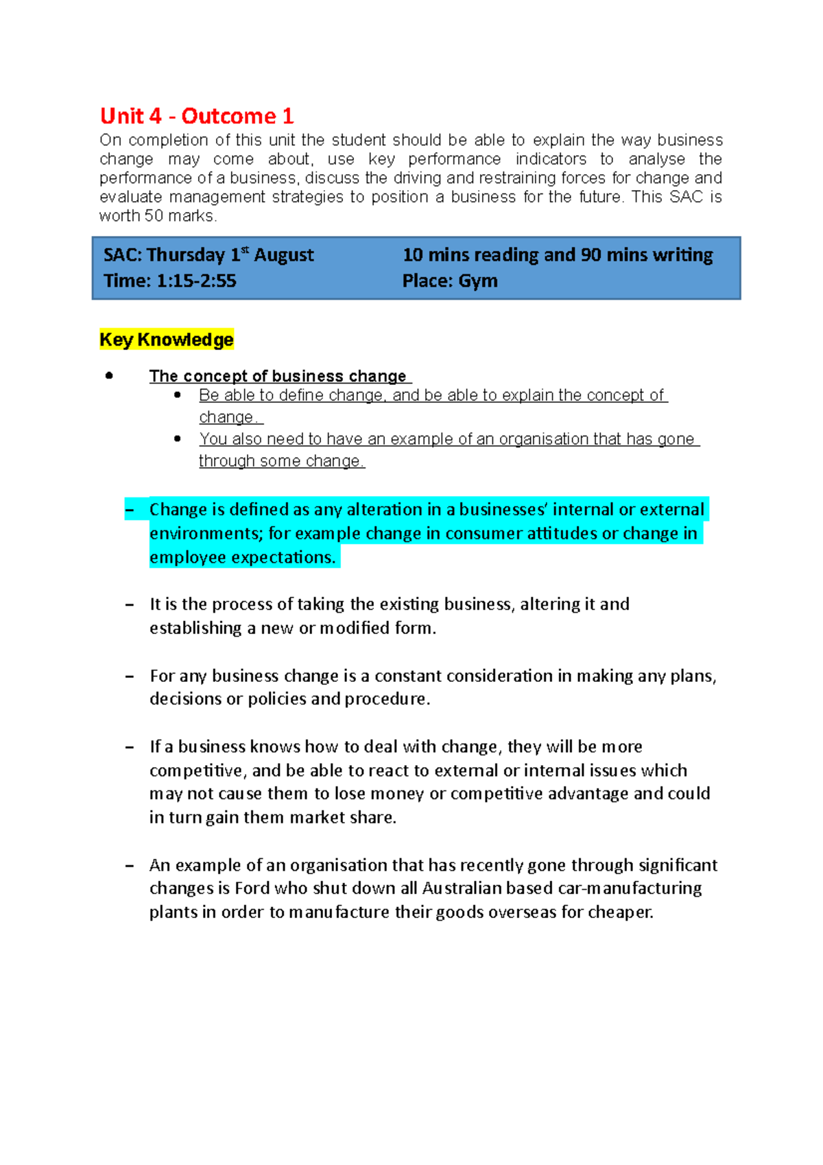 U4 AOS 1 Revision Sheet 2019 - Unit 4 - Outcome 1 On completion of this ...