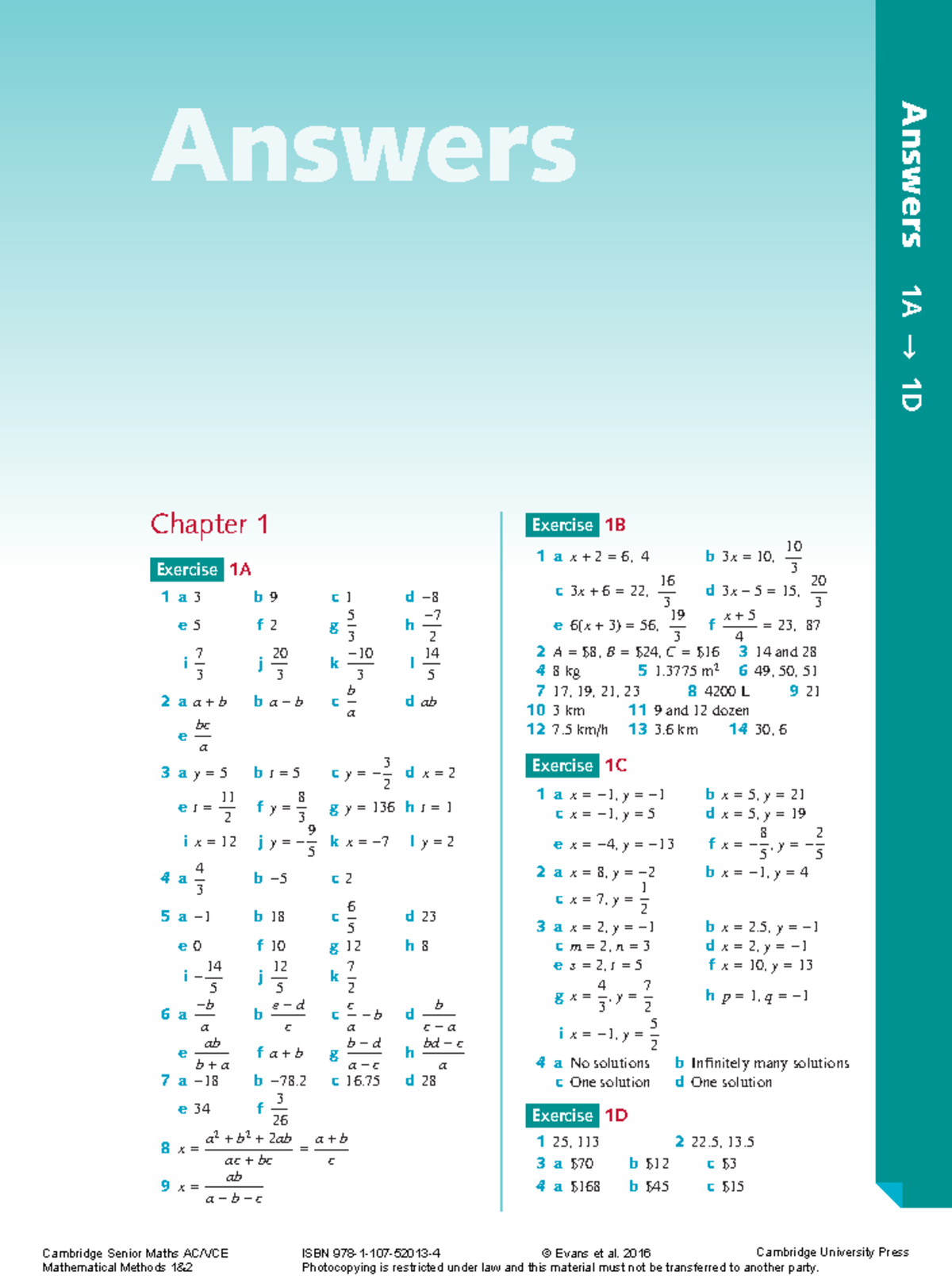 Answers - 1A → 1D Answers Chapter 1 ####### Exercise 1A 1 a 3 b 9 c 1 d ...