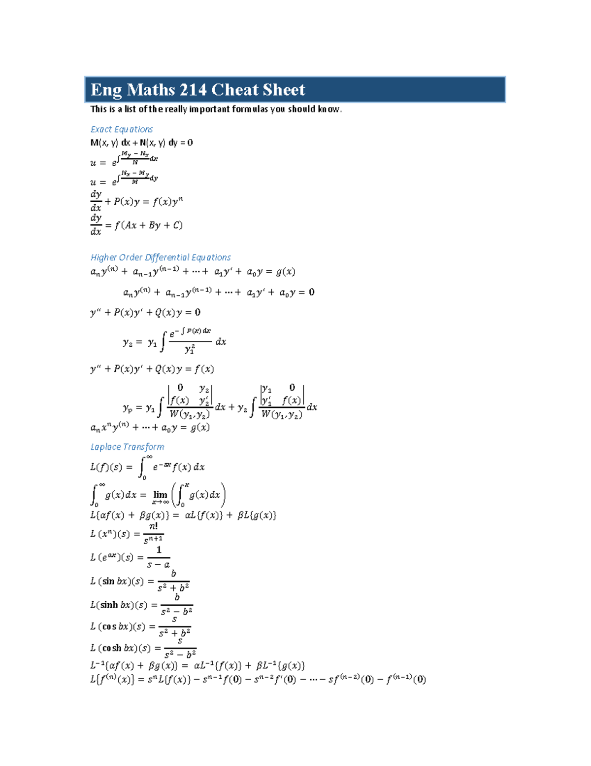 Eng Maths 214 Cheat Sheet - Eng Maths 214 Cheat Sheet This is a list of ...