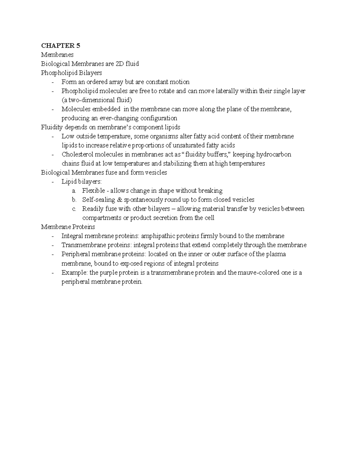 Chapter 5 Biology Notes - CHAPTER 5 Membranes Biological Membranes are ...