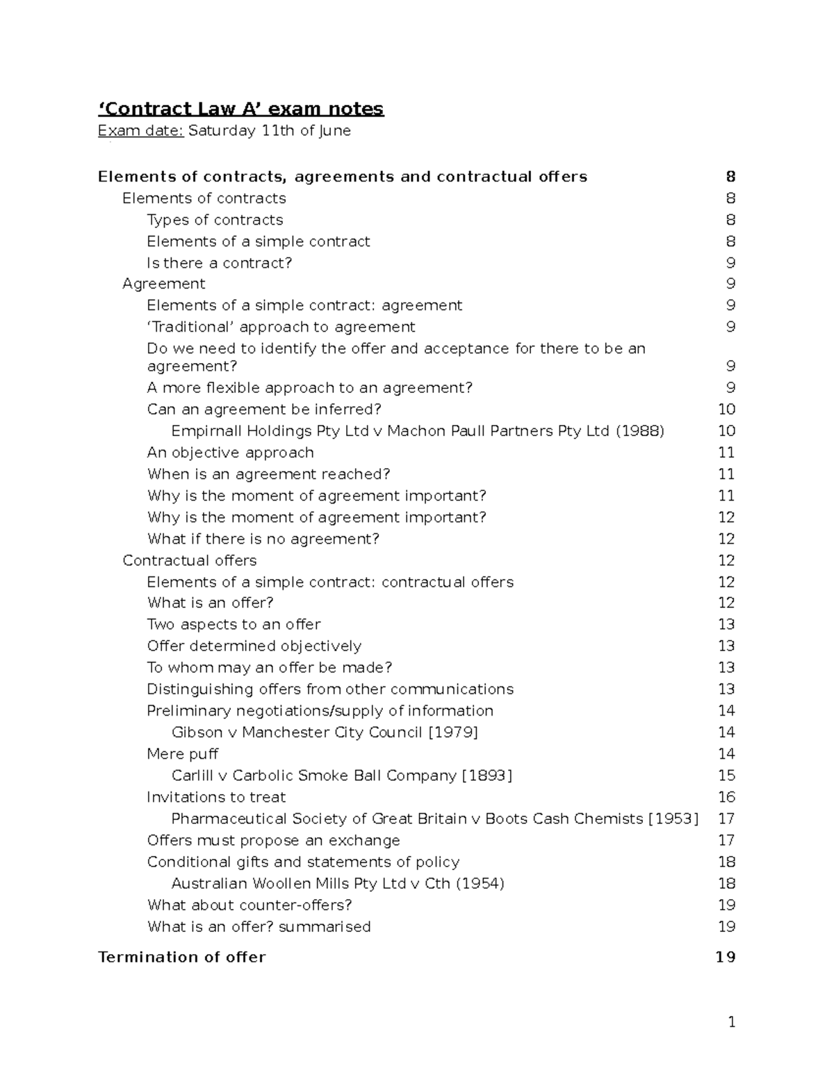 ‘Contract Law A’ exam notes - ‘Contract Law A’ exam notes Elements of ...