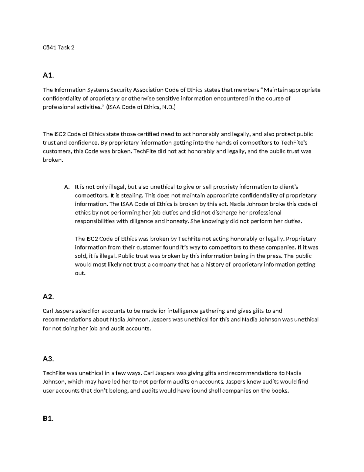 C841 Task 2 - C841 Task 2 A1. The Information Systems Security ...