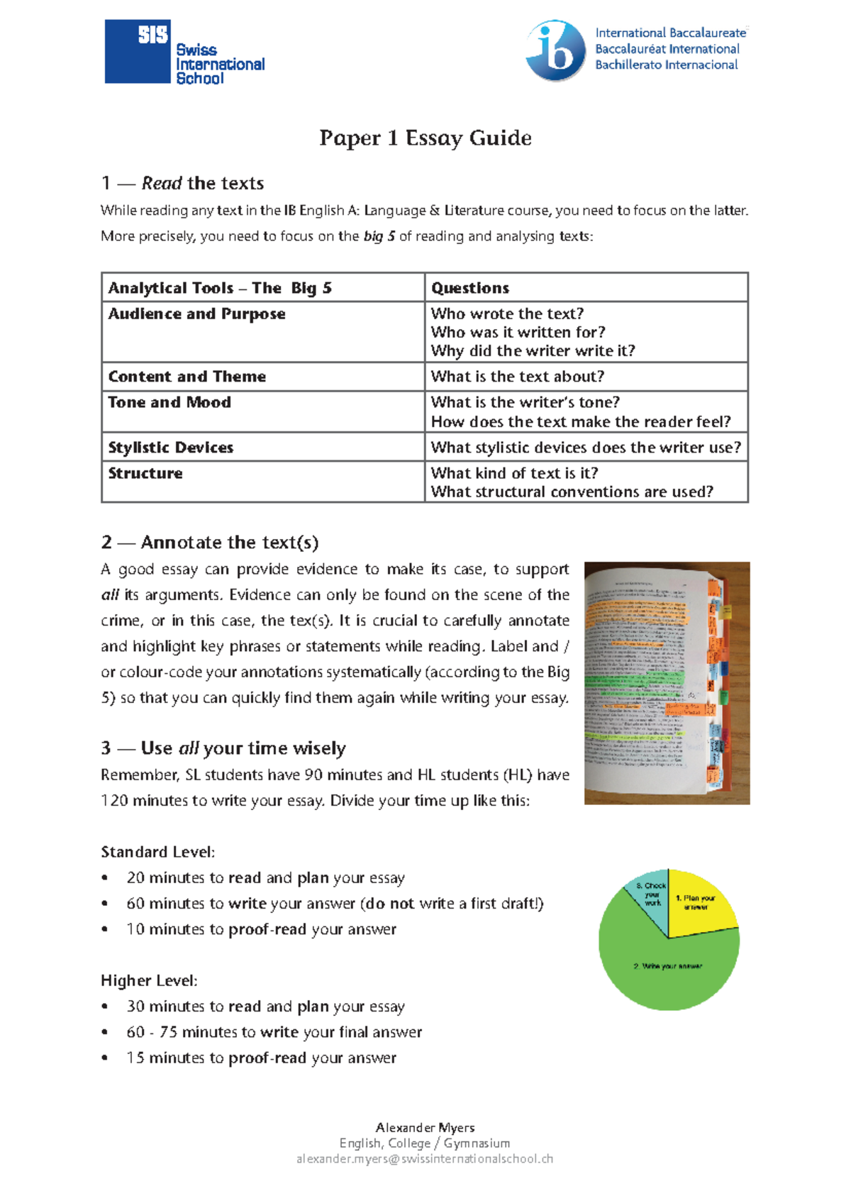Paper 1 PIE Essay Guide - Alexander Myers English, College / Gymnasium ...