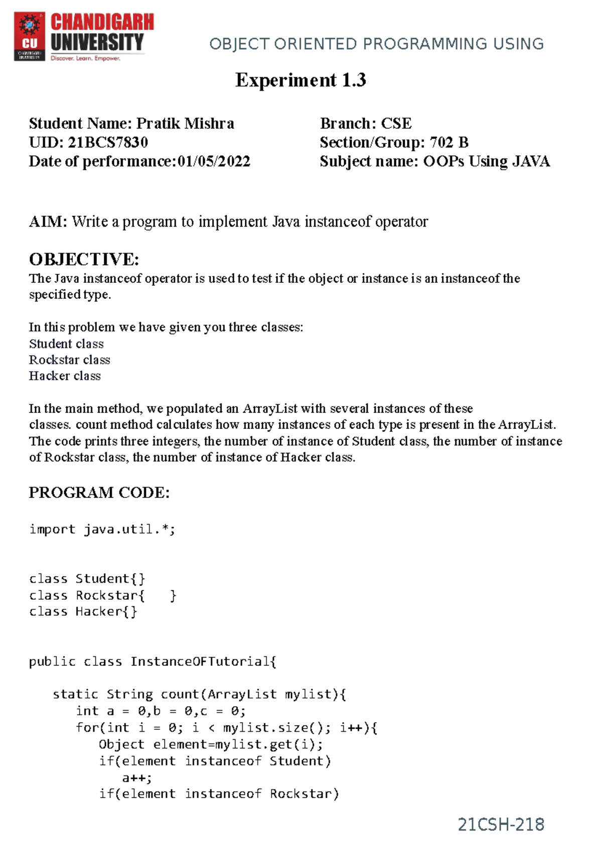 Java 1.3 pratik - worksheetaaa - Experiment 1. Student Name: Pratik Mishra Branch: CSE UID ...