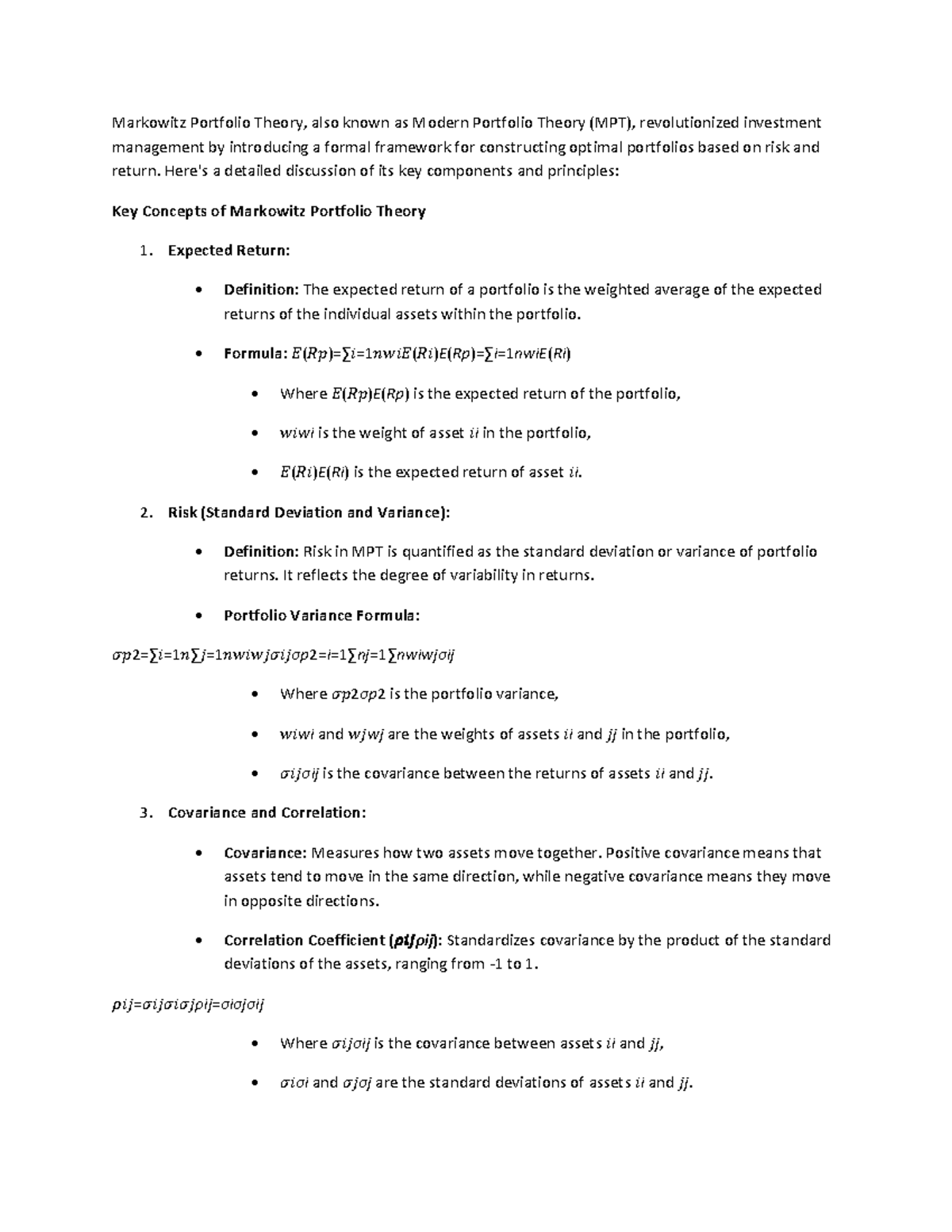 Markowitz Portfolio Theory - Here's a detailed discussion of its key ...