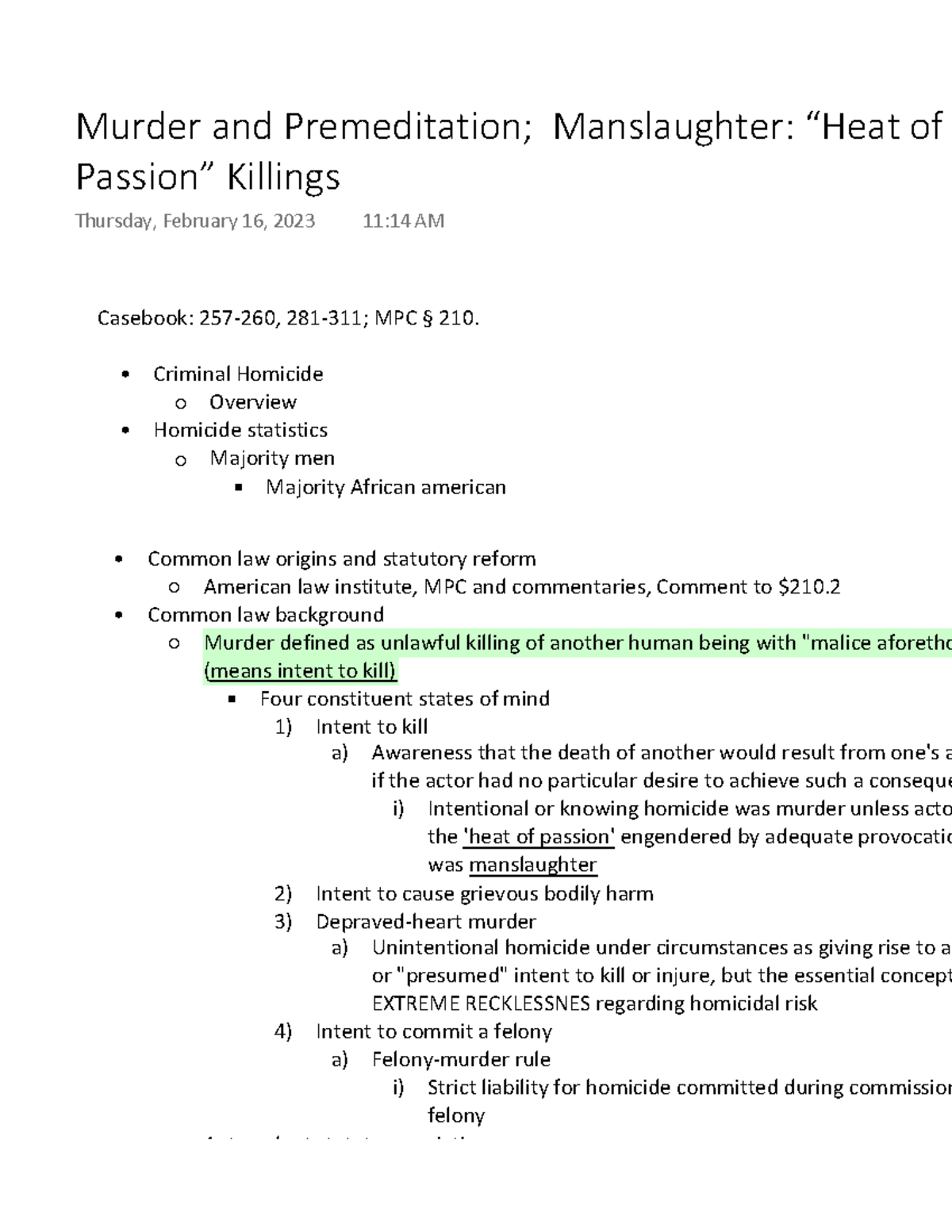 Murder and Premeditation Manslaughter “Heat of Passion” Killings ...