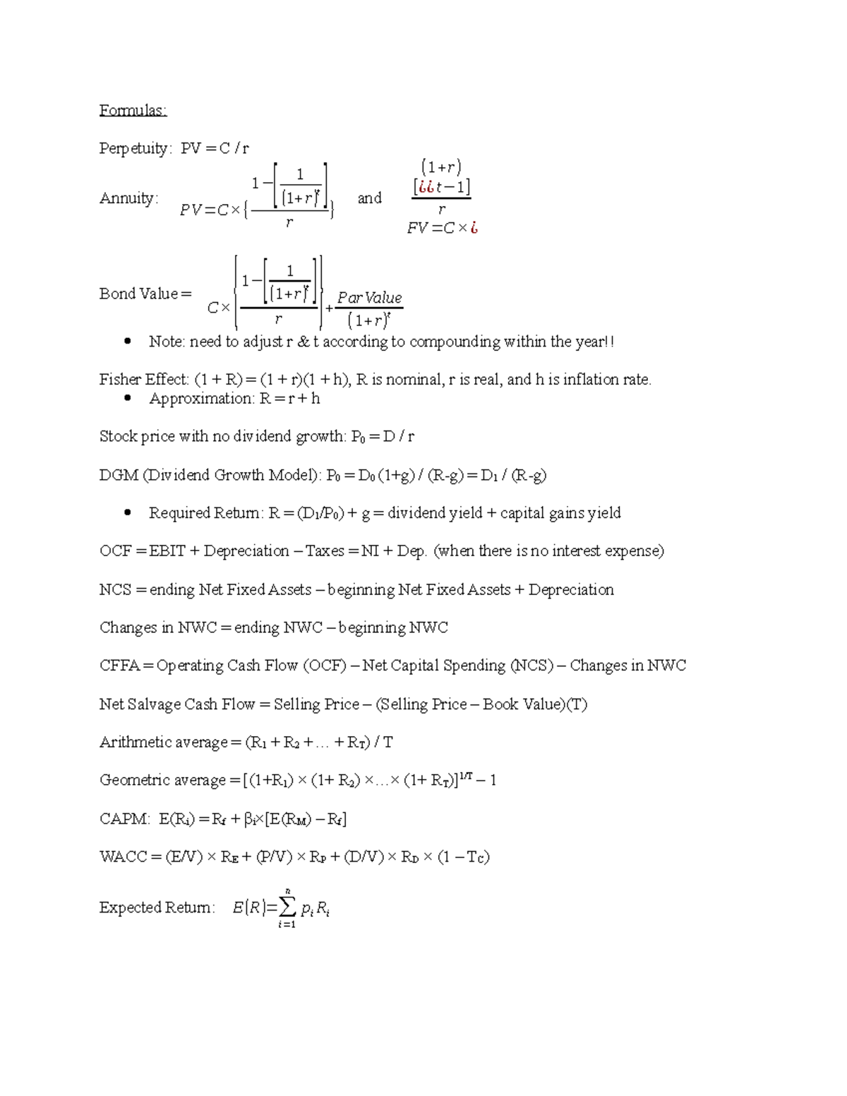 350 Formulas Final - Formulas: Perpetuity: PV = C / r Annuity: 1 [(1+r ...