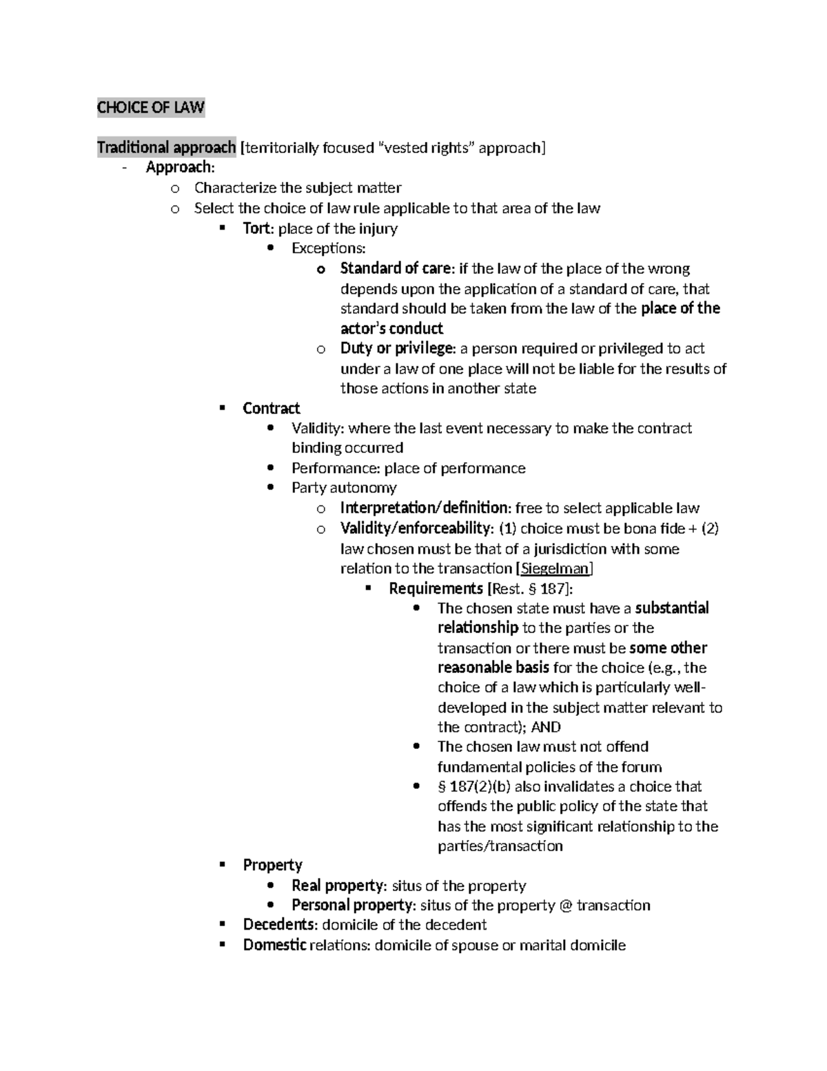 Attack outline - CHOICE OF LAW Traditional approach [territorially ...