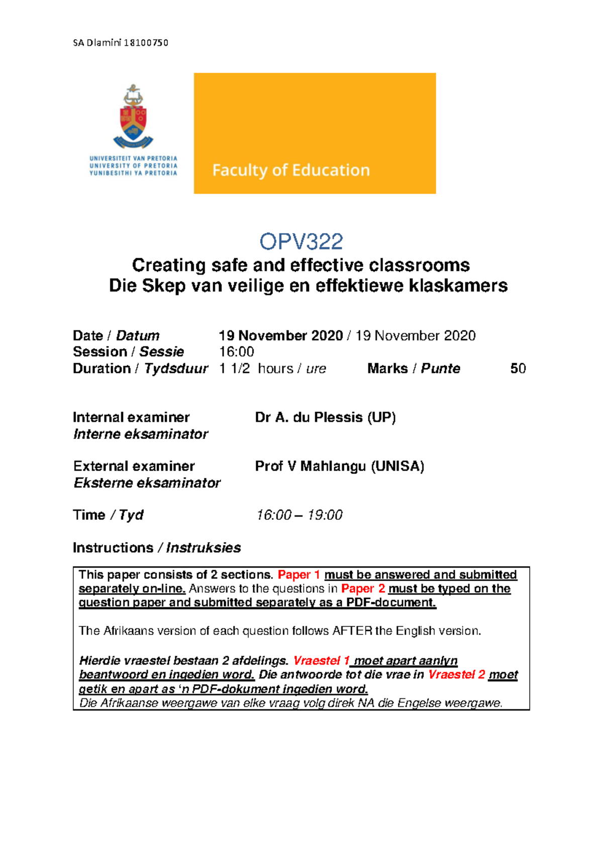 OPV 322 Exam Novembr 2020 Paper 2-1 - OPV Creating safe and effective ...