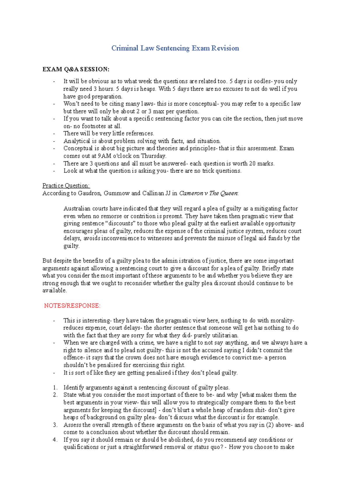 Criminal Law Sentencing Exam Revision - LLB244 - QUT - Studocu