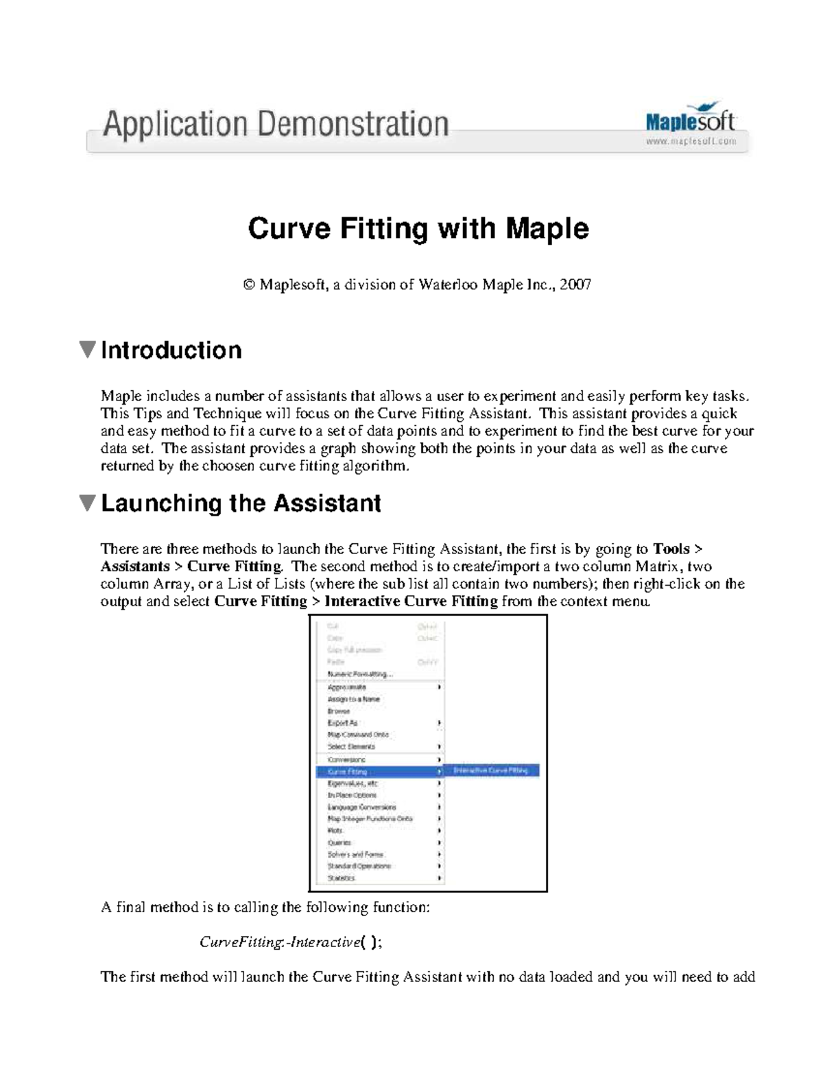 Curve Fitting with Maple - , 200 7 Introduction Maple includes a number ...